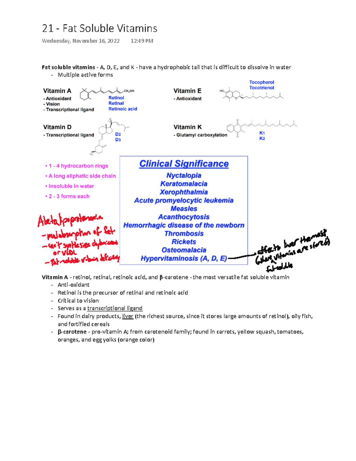 IMC 504 - Lecture 21 - Fat Soluble Vitamins - Fat soluble vitamins - A ...
