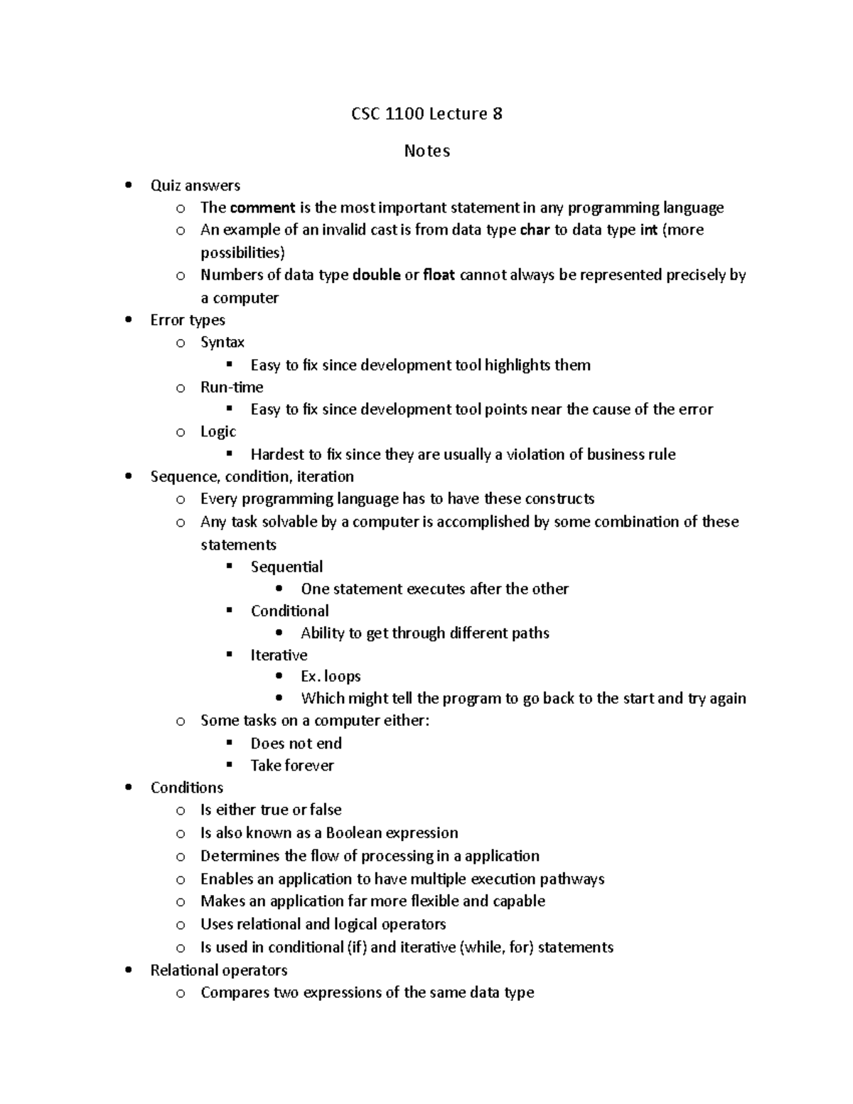 CSC 1100 Lecture 8 - CSC 1100 Lecture 8 Notes Quiz answers o The ...