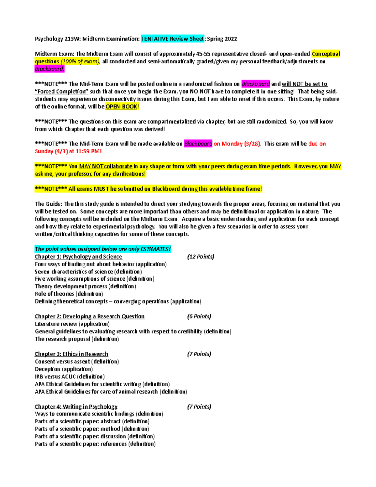 Midterm Exam Review Sheet Psych 213W - Psychology 213W: Midterm ...