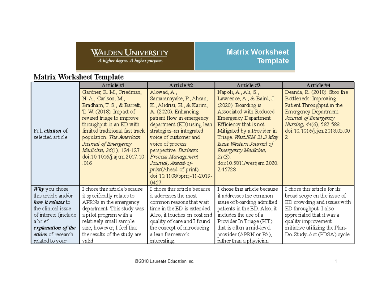 Week2-3Assgn Hampton M part 2 - Matrix Worksheet Template Full citation ...
