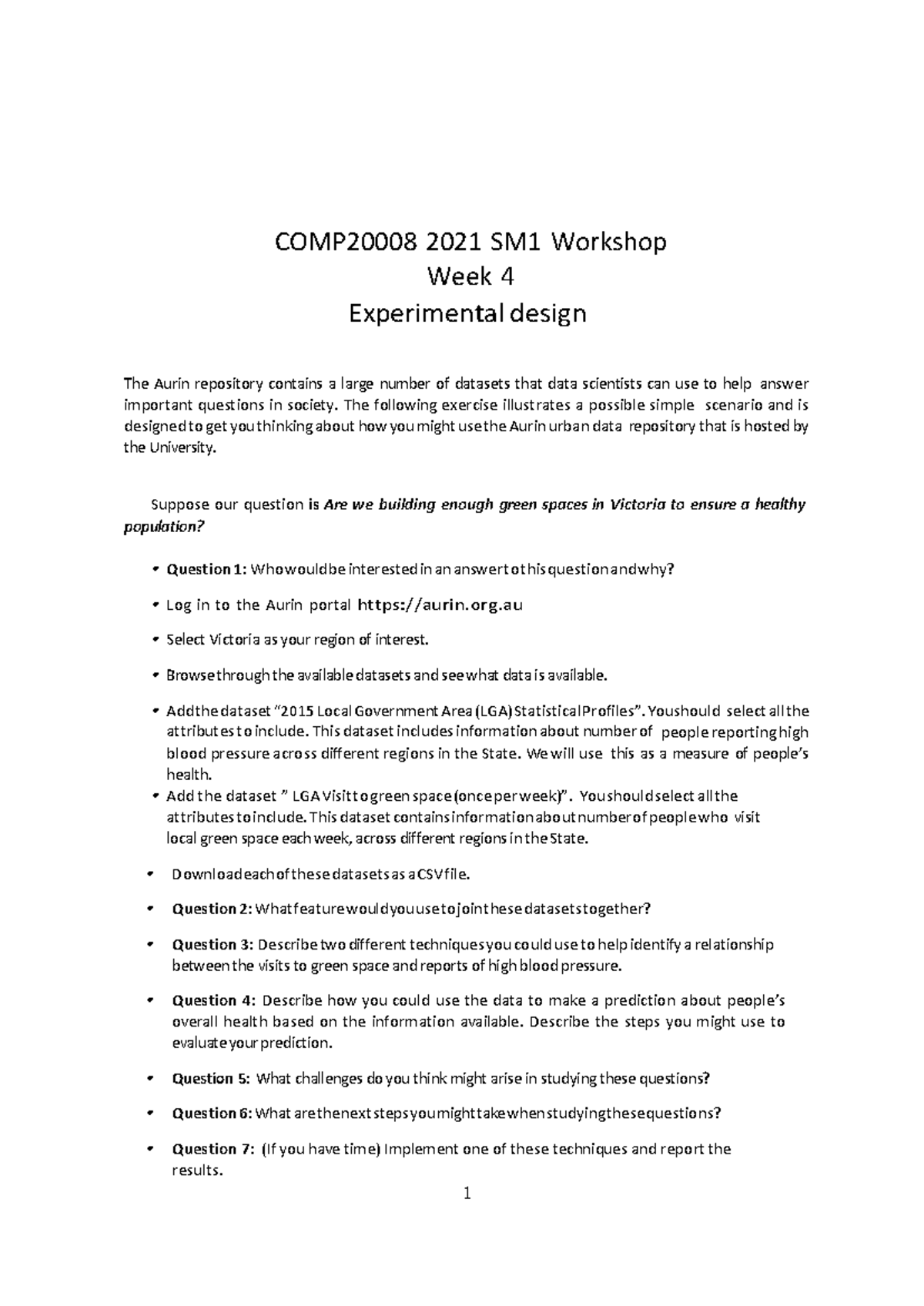 Workshop week4 2021SM1 experimental design - 1 COMP20008 202 1 SM1 ...