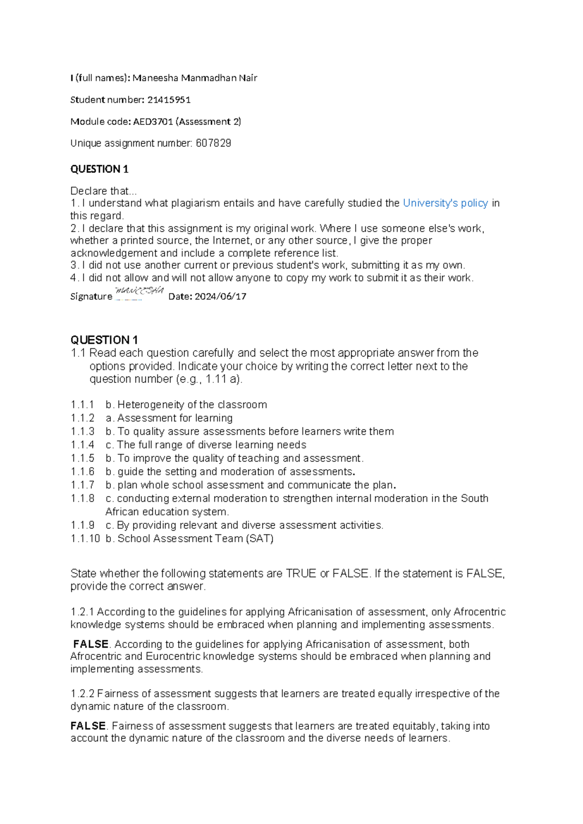 AED 3701 Assessment 2 - assignment - I (full names): Maneesha Manmadhan Nair Student number ...