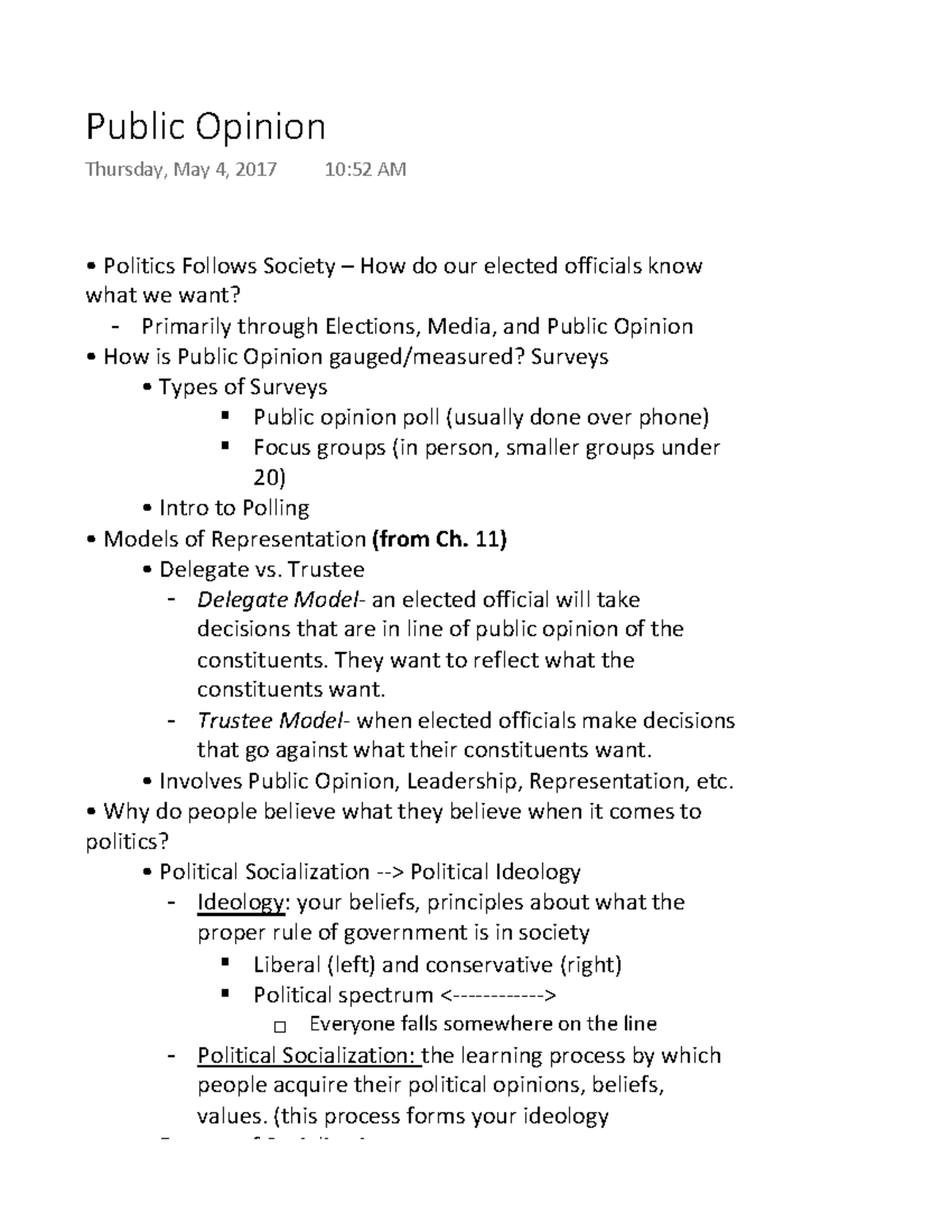 Public Opinion 9 - 11) Delegate vs. Trustee Delegate Model-an elected ...