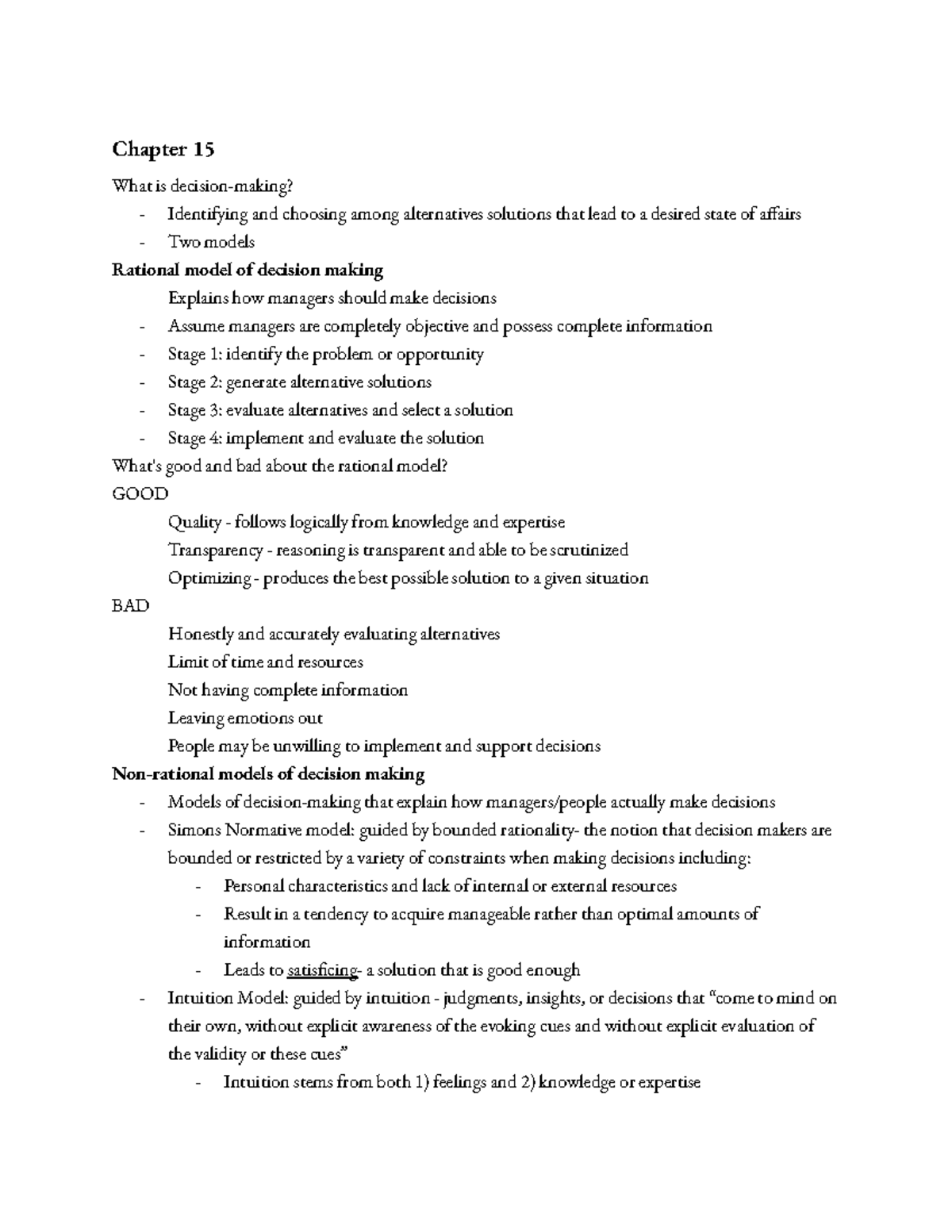 Ch 15 Management - Rational model of decision making; Non-rational ...