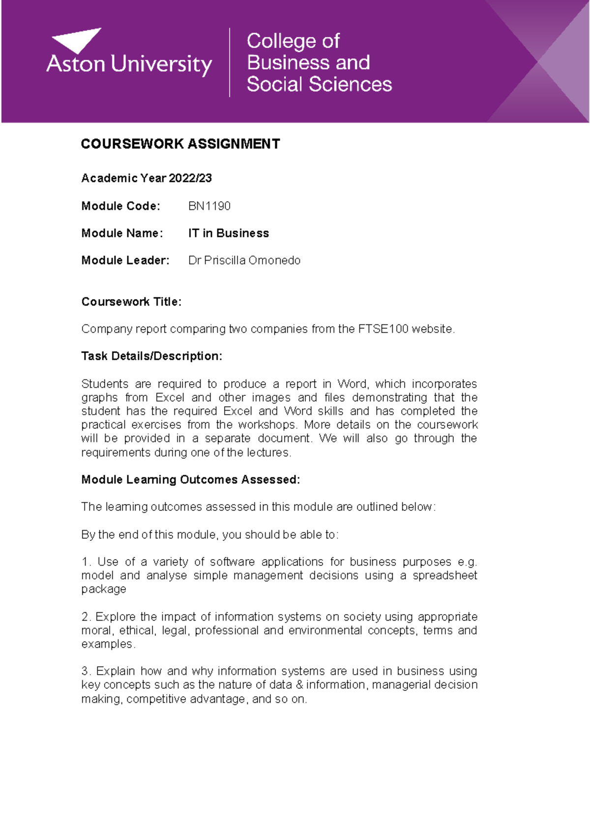 BSS Coursework Template - BN1190 IT in Business 2022-23 - Academic Year 2022/ Module Code: BN ...
