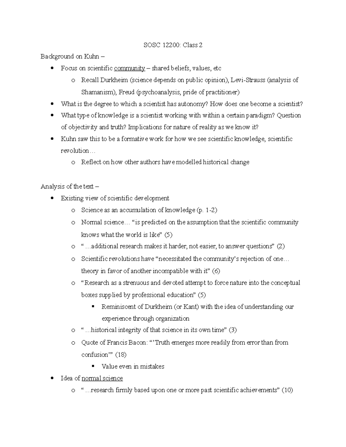 SOSC 12200 - Class 2 - SOSC 12200: Class 2 Background on Kuhn – Focus ...