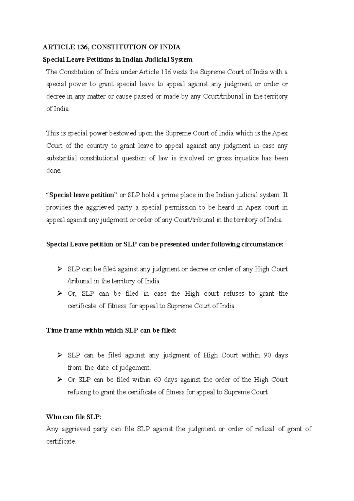 Article 136 ARTICLE 136 CONSTITUTION OF INDIA Special Leave