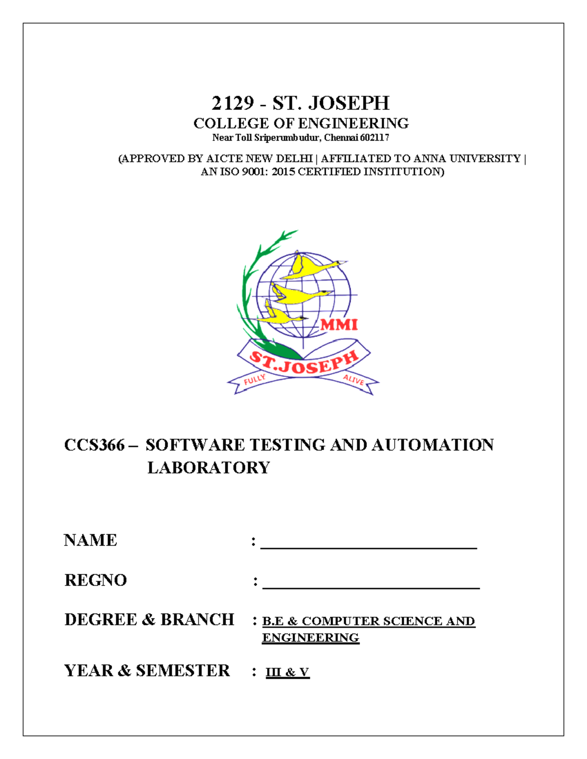 STA LAB Manual - 2129 - ST. JOSEPH COLLEGE OF ENGINEERING Near Toll Sriperumbudur, Chennai ...