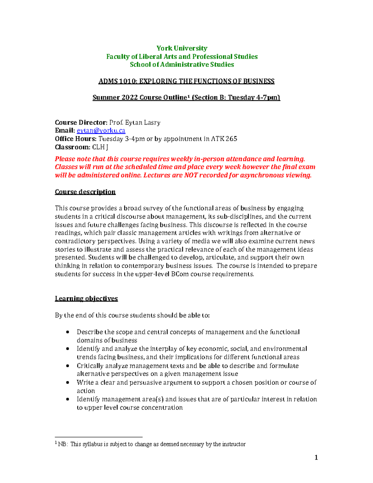 ADMS1010 SU22 Sec B - outline - **York University Faculty of Liberal ...