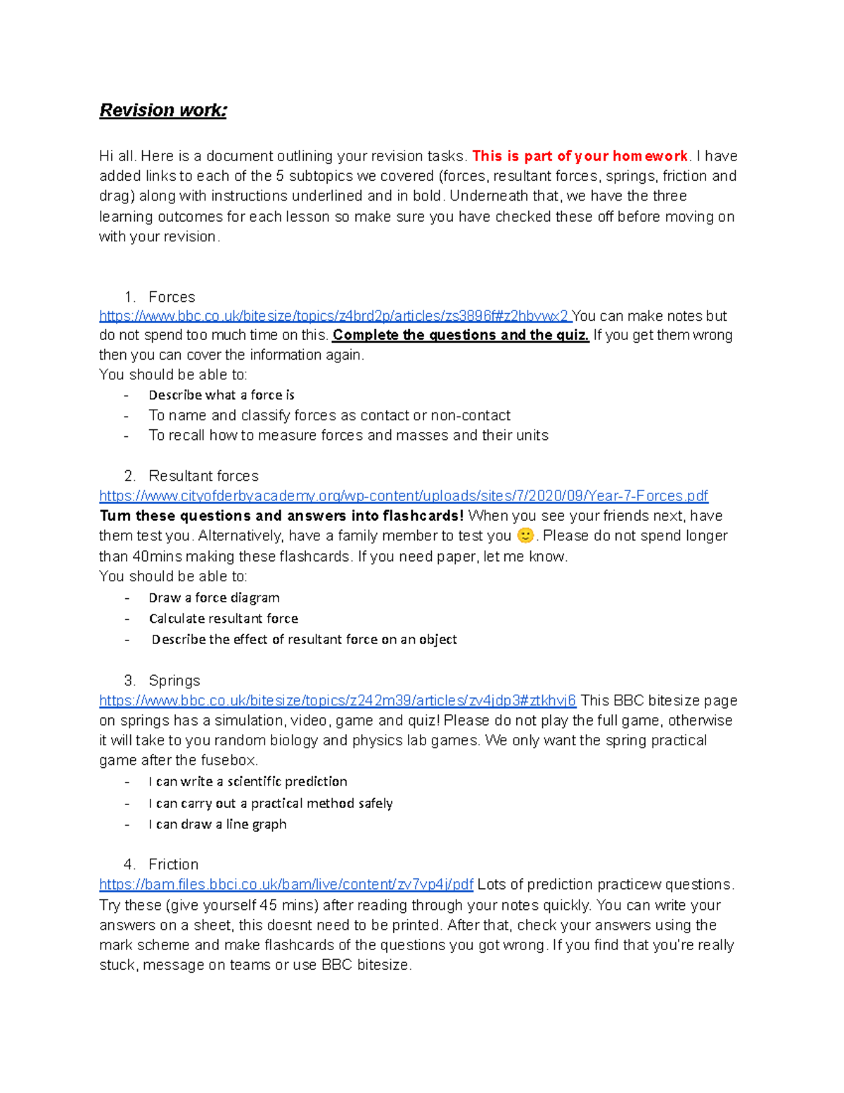 Year 7 Forces Revision Activities - Revision work: Hi all. Here is a ...
