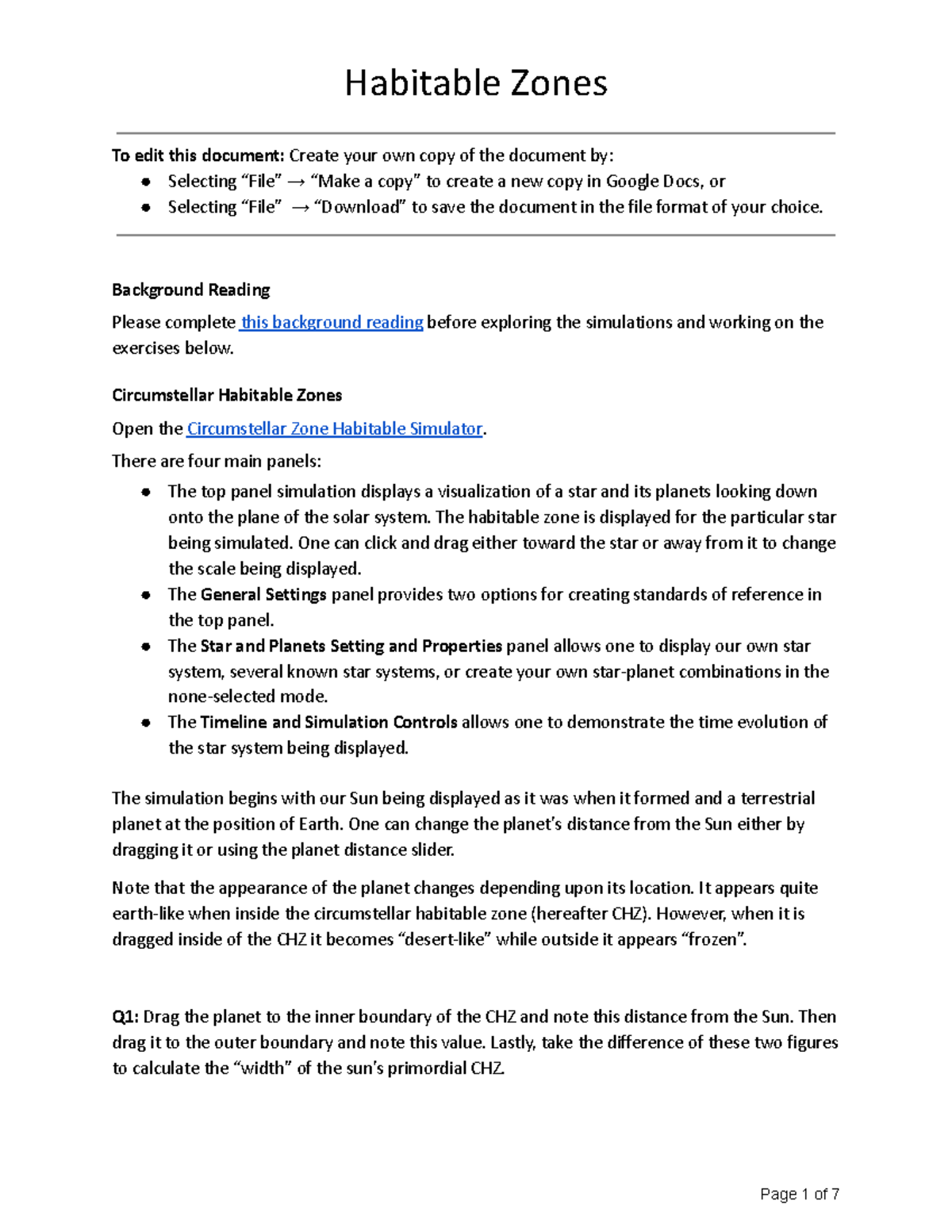 Copy of Habitable Zones - Habitable Zones To edit this document: Create ...