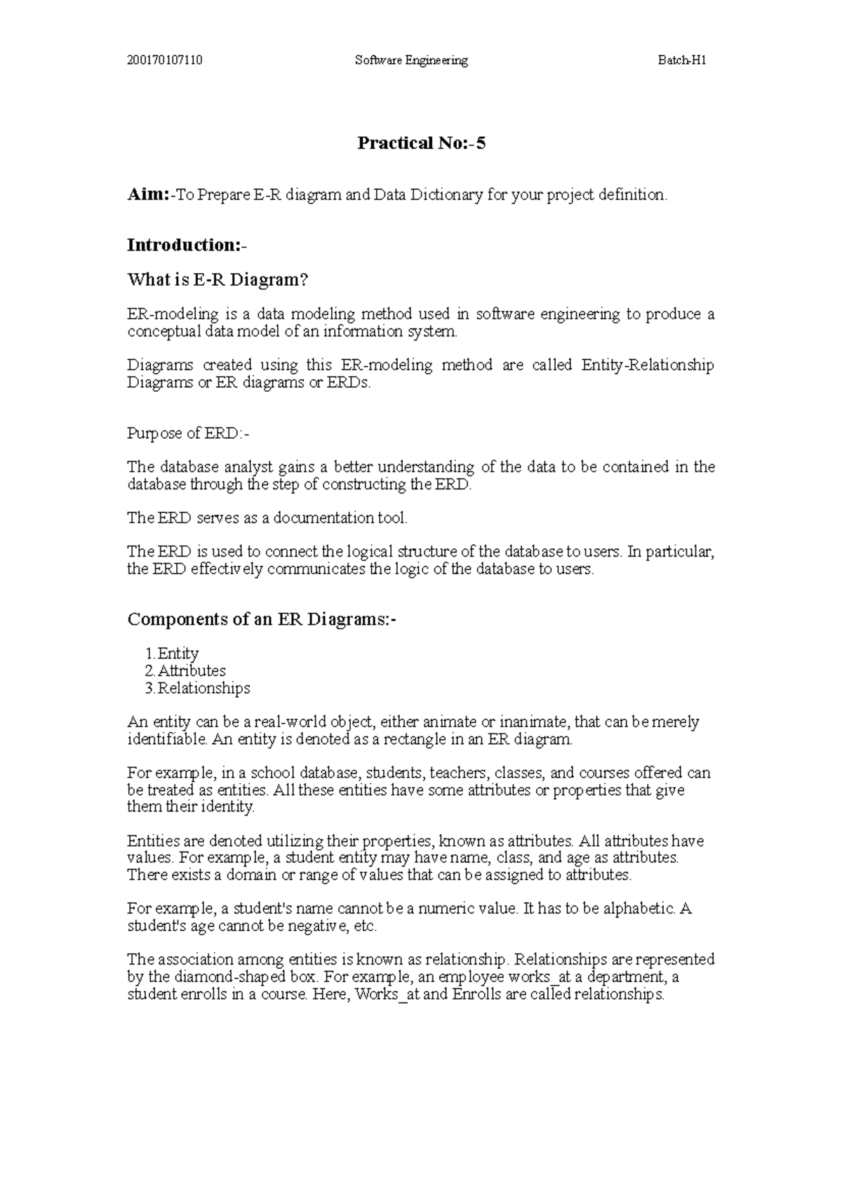 Prac5se - Software engineer prac 5 - Practical No:- Aim:-To Prepare E-R ...