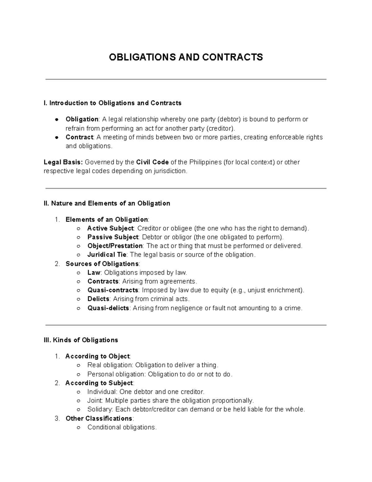 Obligations and Contracts - OBLIGATIONS AND CONTRACTS I. Introduction ...