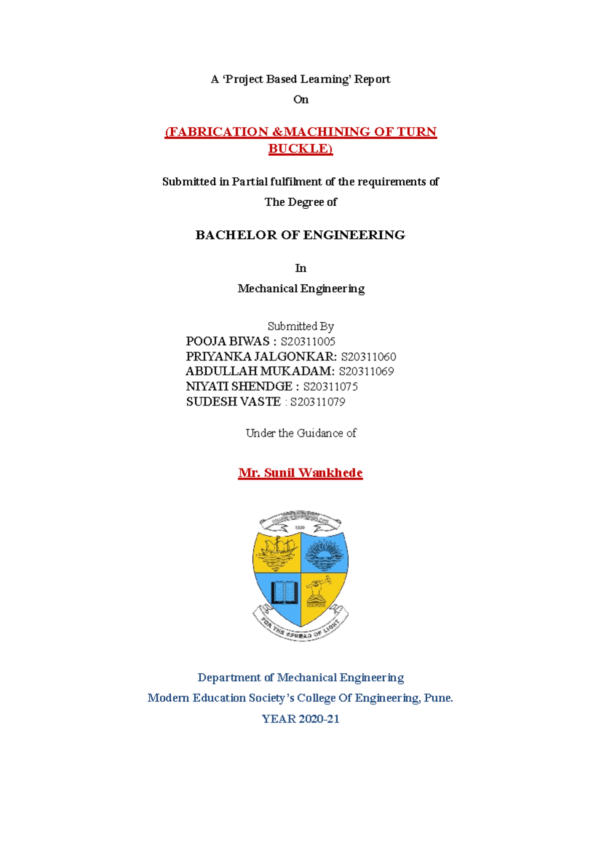 PBL Report Final for semester practical on turnbuckle - A ‘Project Based Learning’ Report On ...