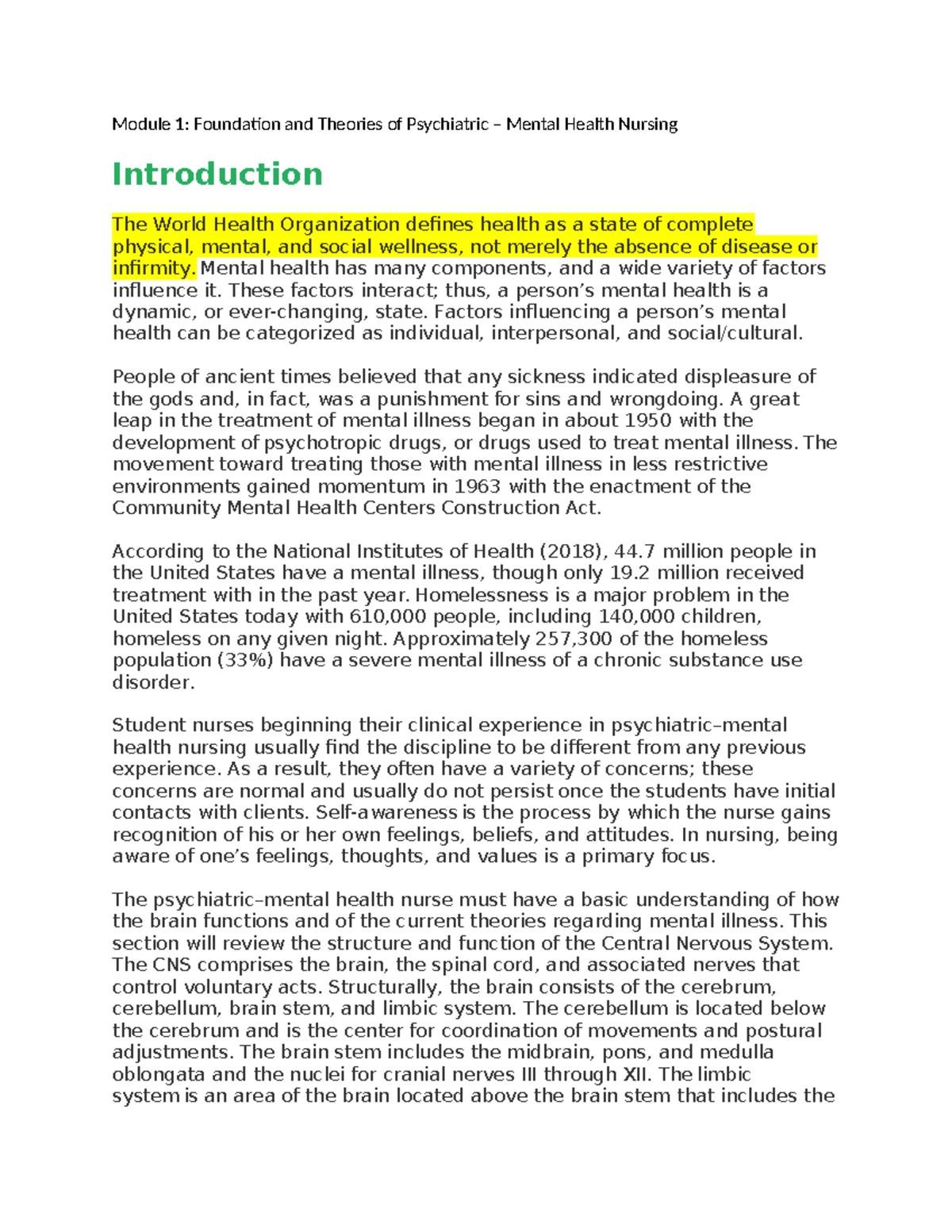 Module 1 - mental health - Module 1: Foundation and Theories of ...