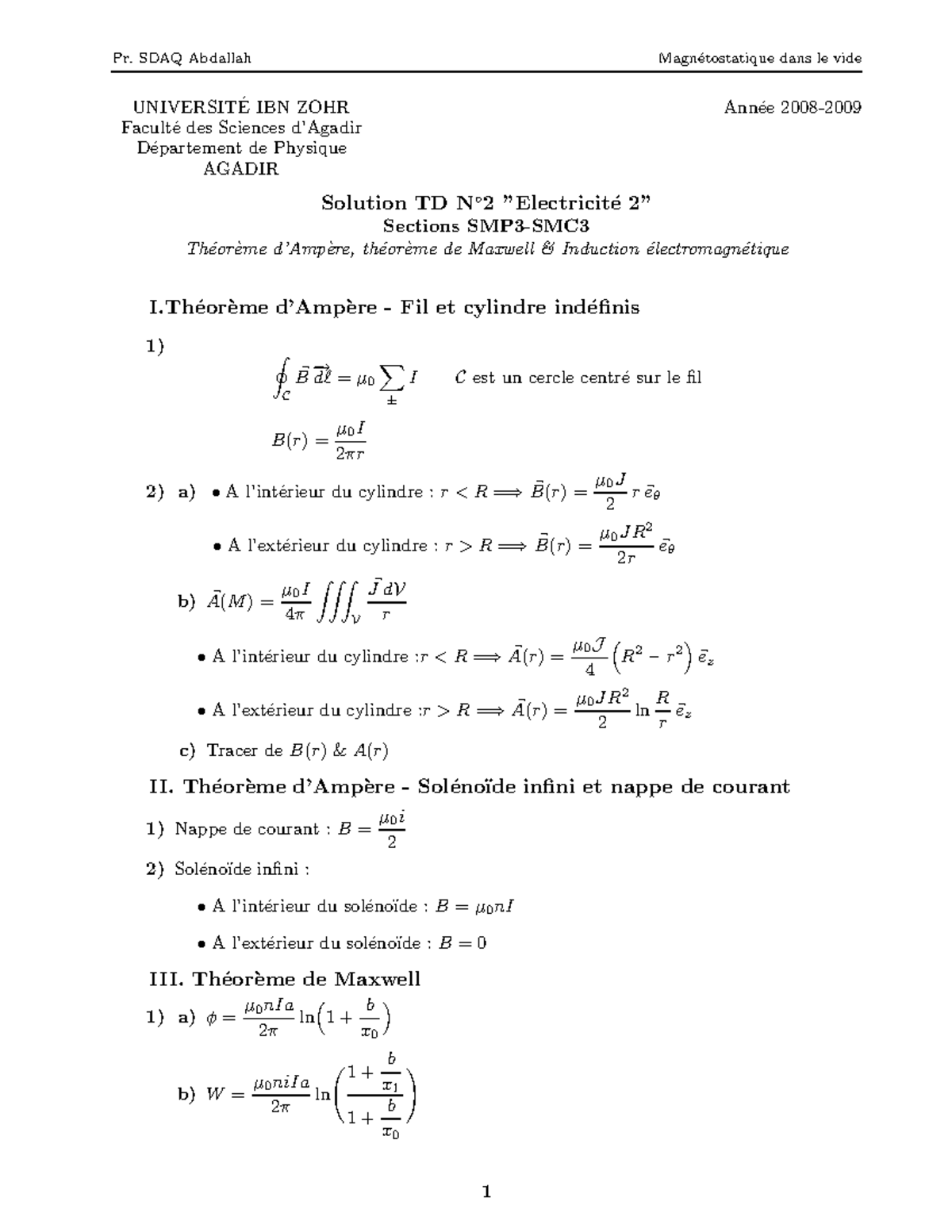 Sol td2-magn-s3-07-08 - Pr. SDAQ Abdallah Magn ́etostatique dans le vide UNIVERSIT ́E IBN ZOHR ...