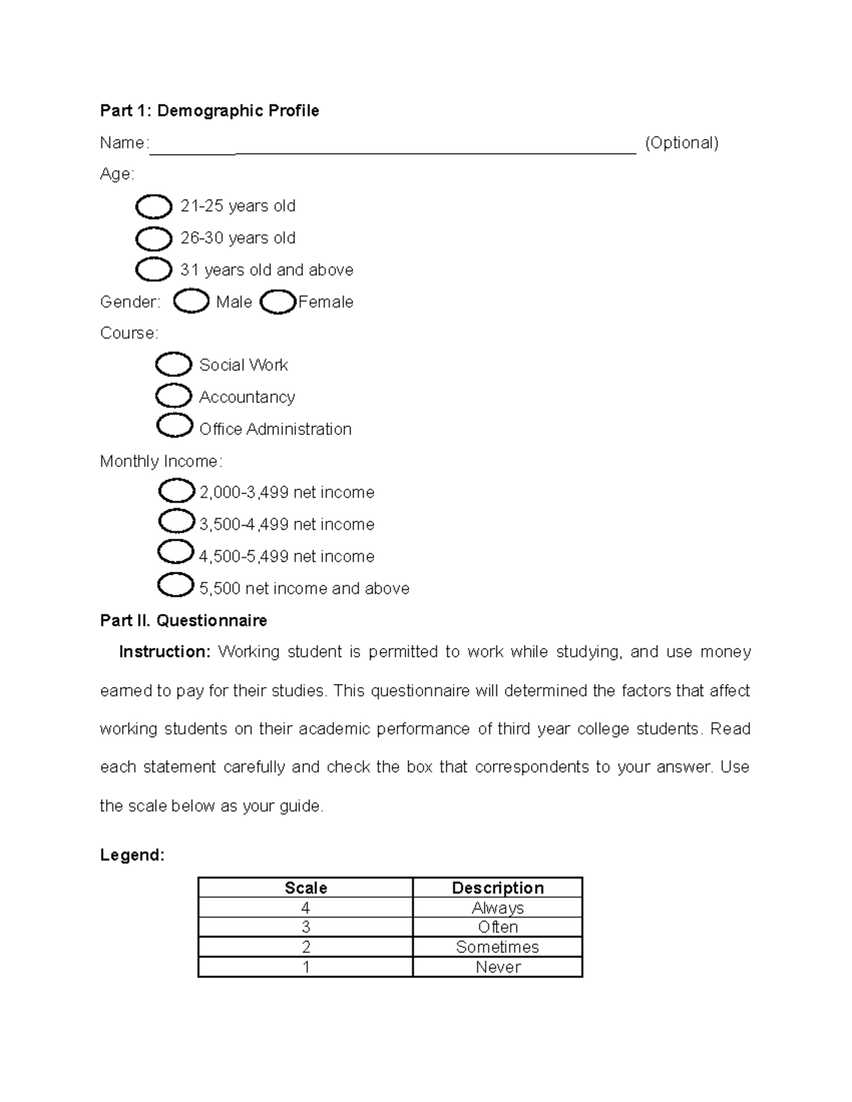 Questionnaire - wefwefwef - Part 1: Demographic Profile Name: (Optional ...