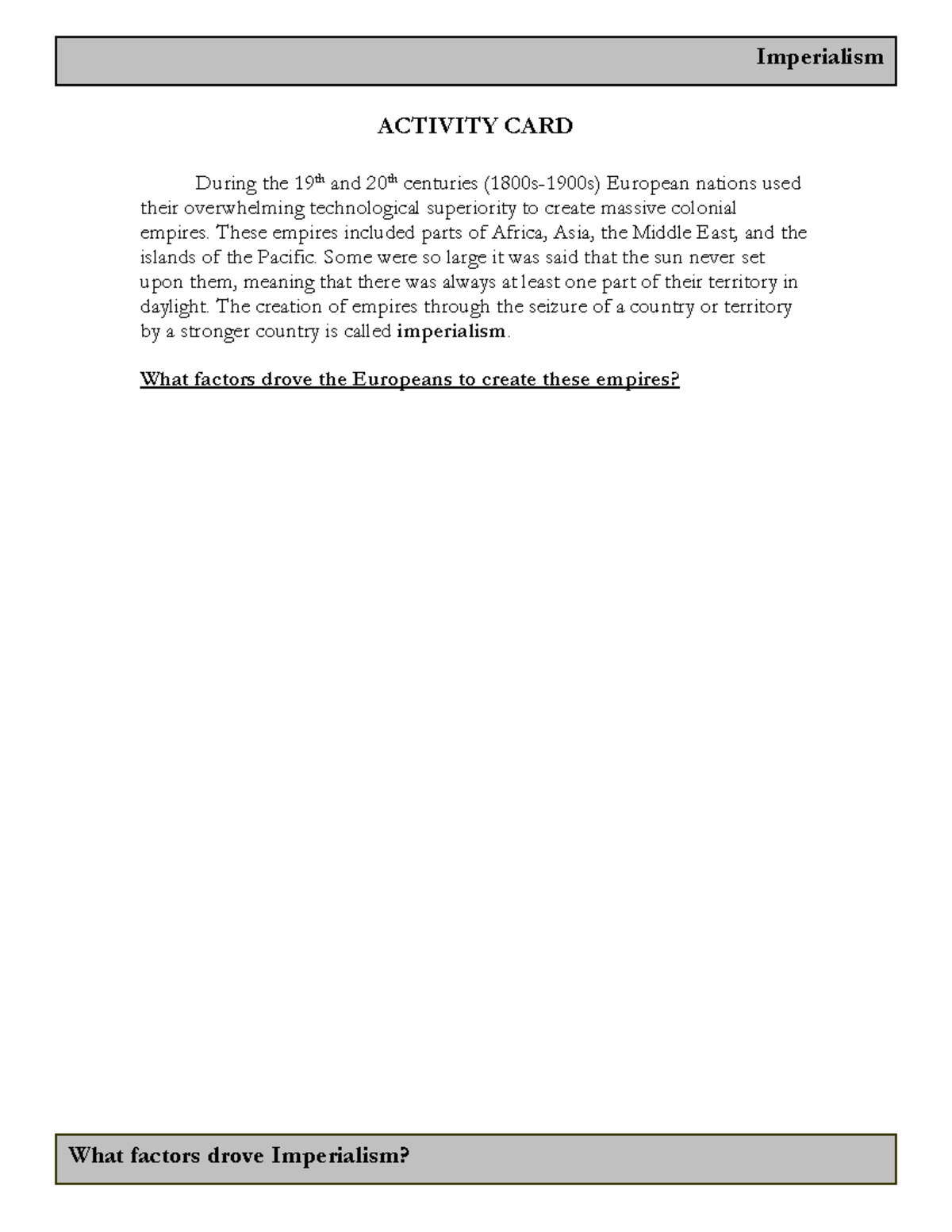 Copy of Imperialism DBQ - ACTIVITY CARD During the 19th and 20th ...