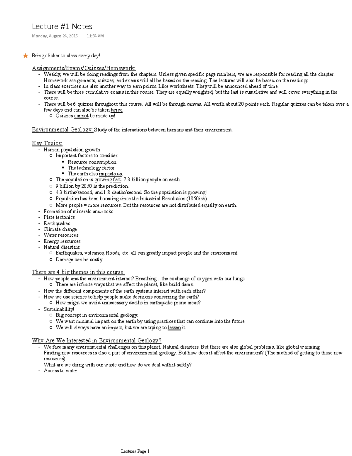 GLG121 1st Lecture Notes - Bring clicker to class every day! Weekly, we ...