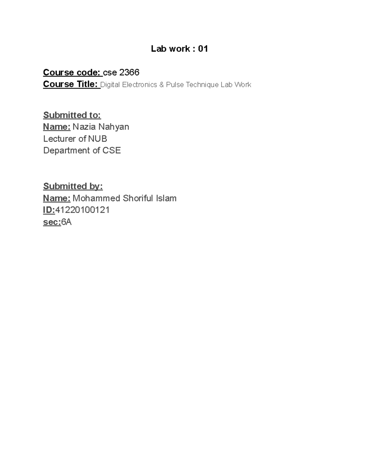 4122010 0121(6A) - I am happy - Lab work : 01 Course code: cse 2366 Course Title: Digital - Studocu