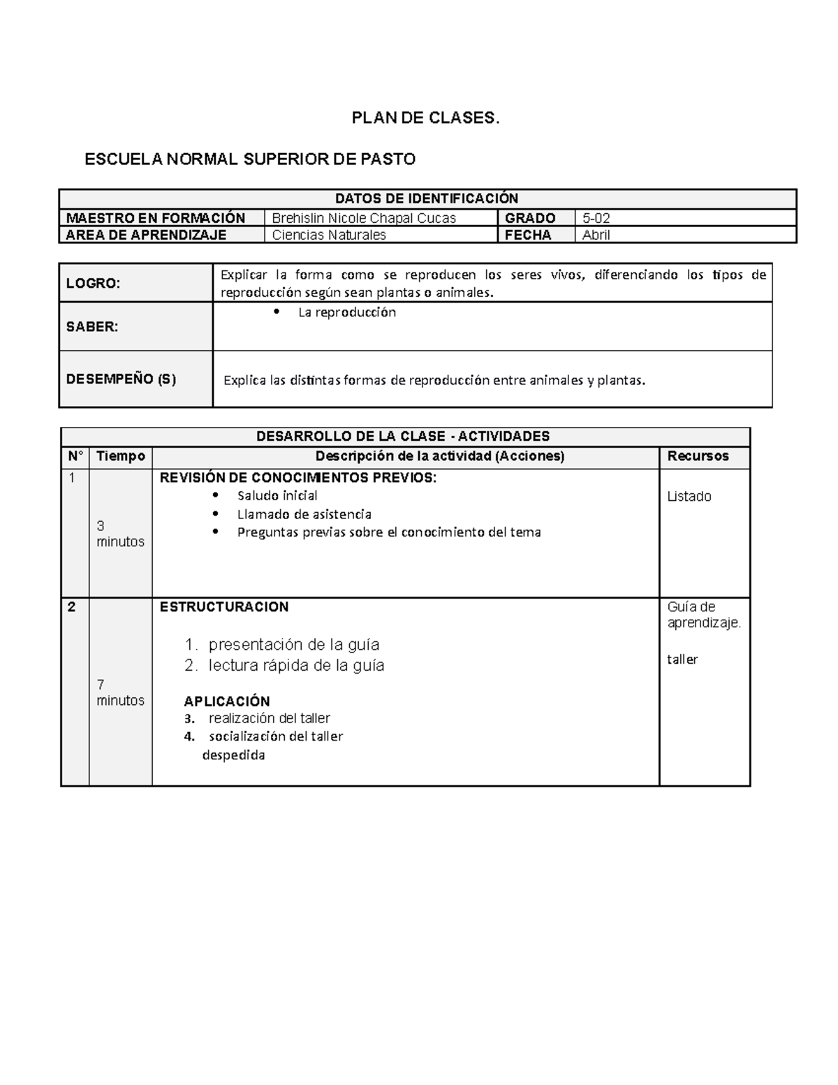 Ejemploz Plan de Clase - PLAN DE CLASES. ESCUELA NORMAL SUPERIOR DE ...