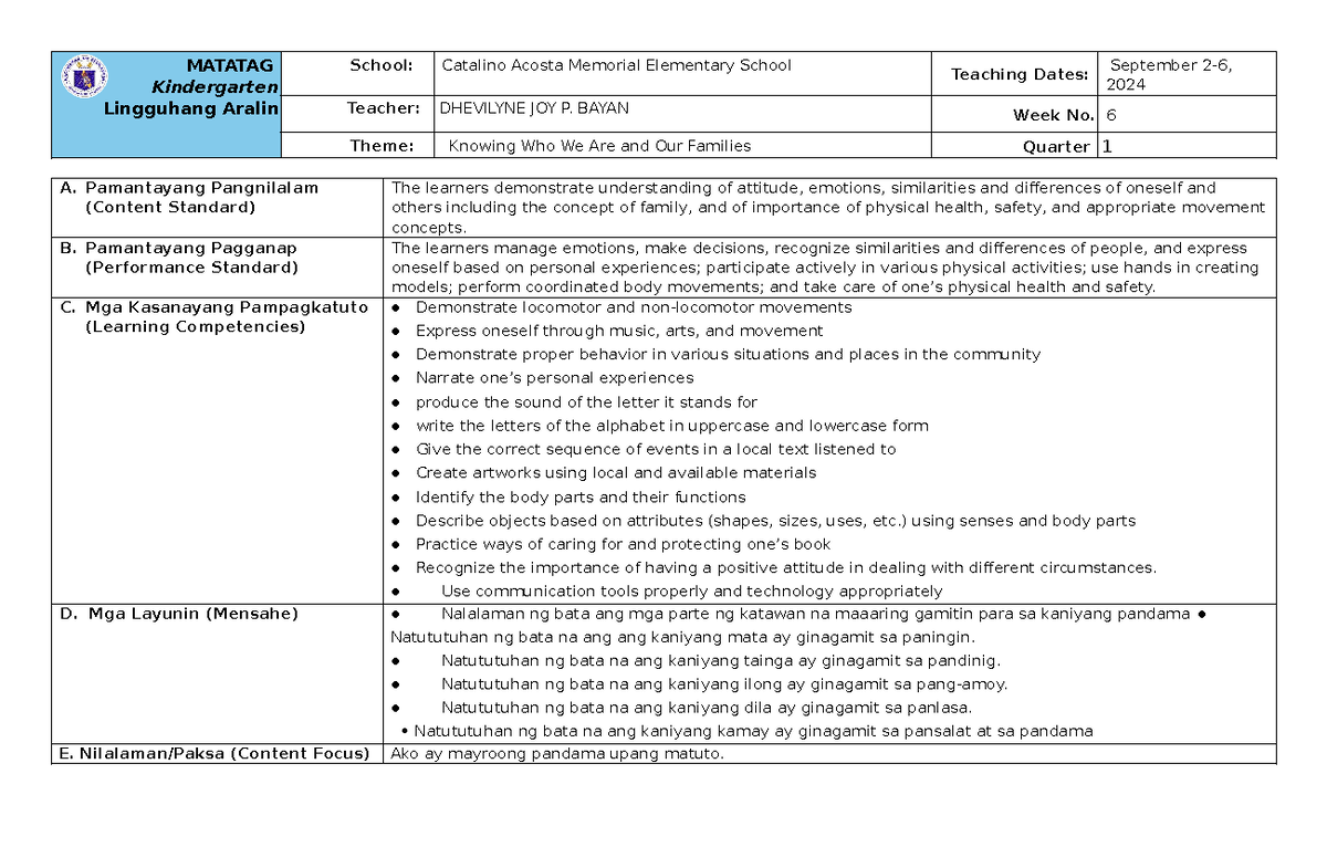 Kindergarten Matatag DLL Q1 W6 1 - MATATAG Kindergarten Lingguhang ...