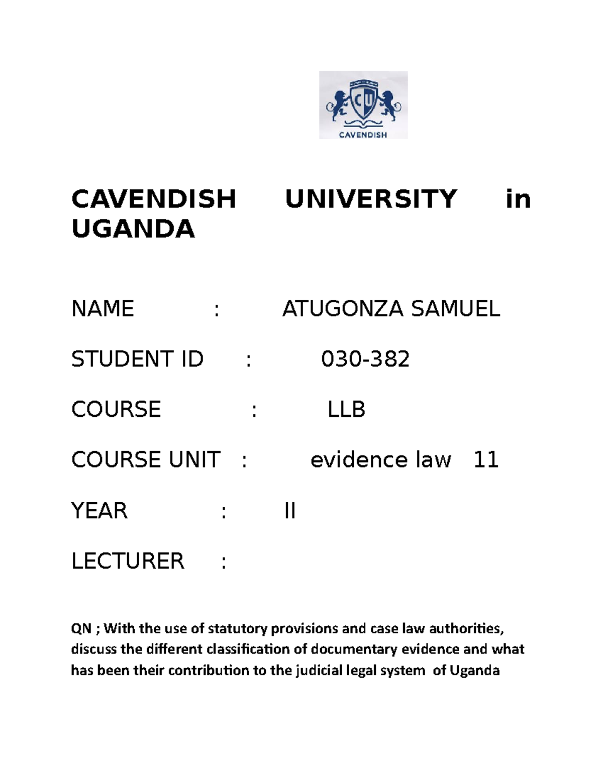 Atugonza Evidence - CAVENDISH UNIVERSITY in UGANDA NAME : ATUGONZA ...