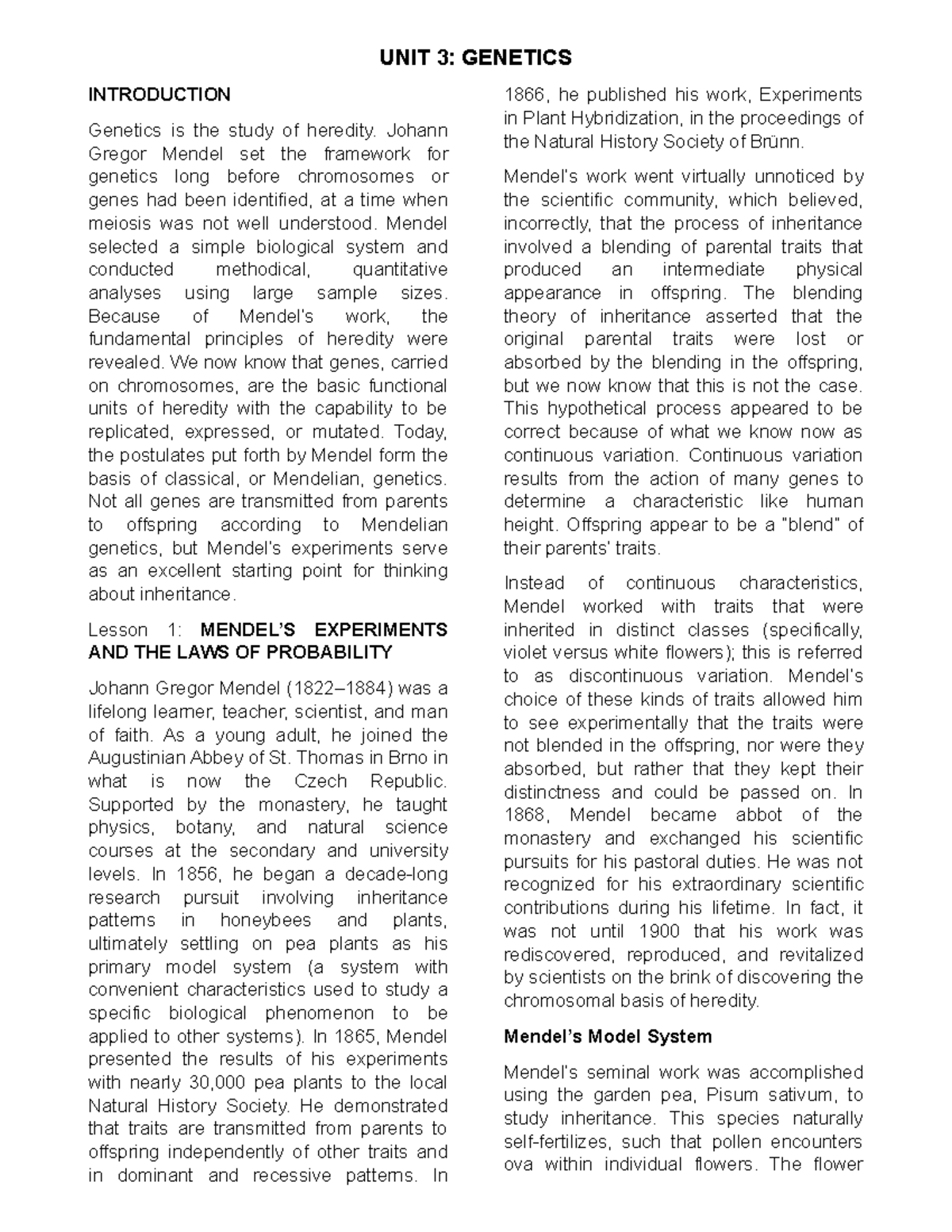 UNIT 3- Biology - Lecture notes 3 - UNIT 3: GENETICS INTRODUCTION ...