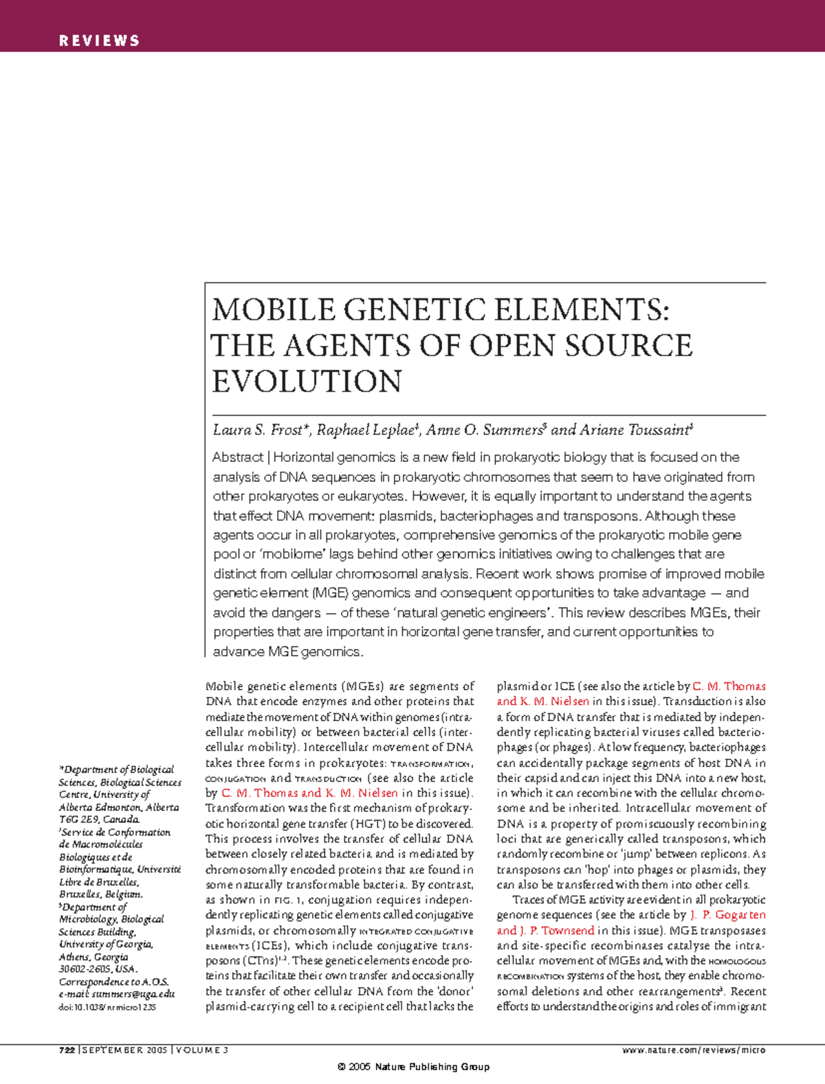 Mobile genetic elements the agents of op - *Department of Biological ...
