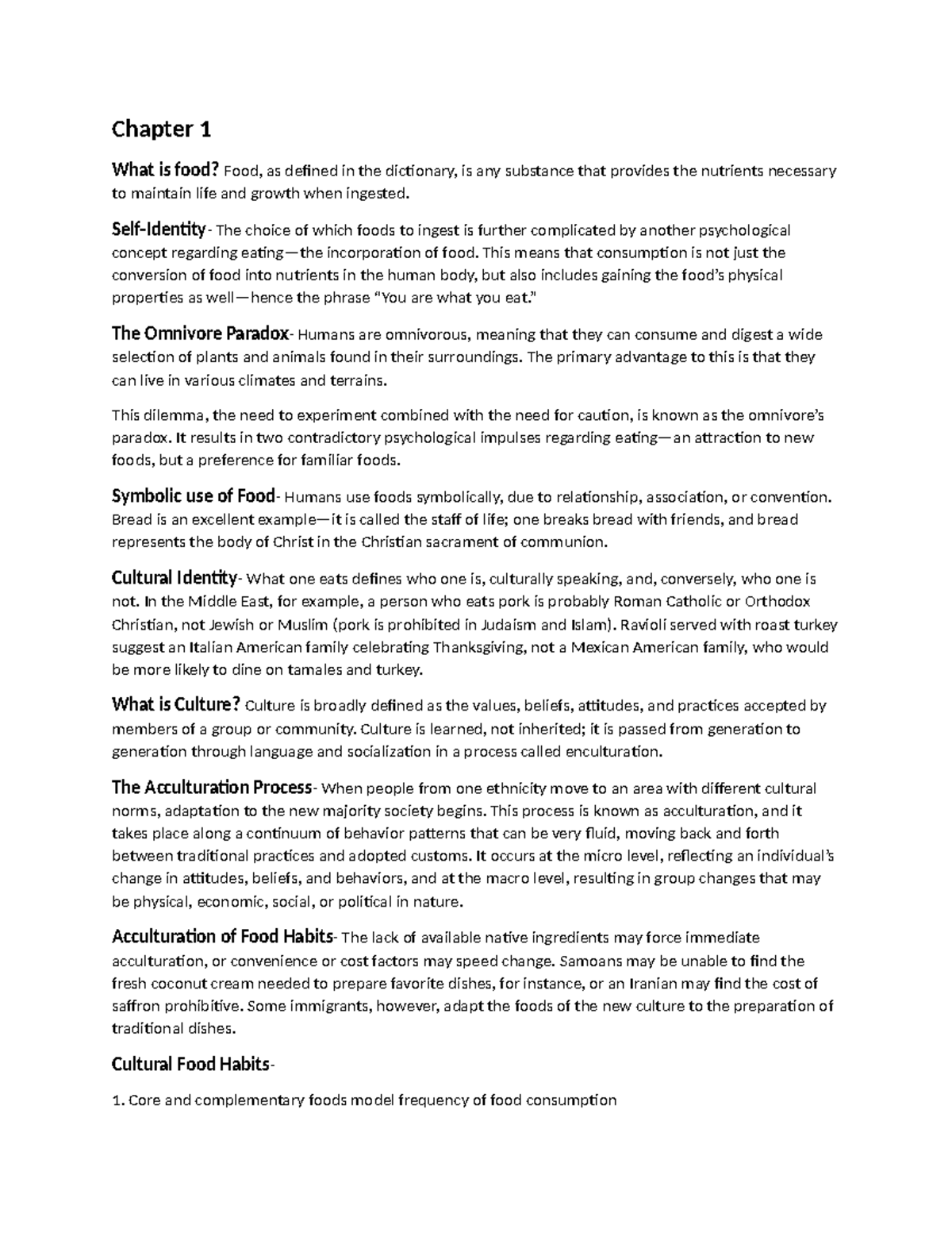 Notes FOR FOOD AND Culture - Chapter 1 What is food? Food, as defined ...