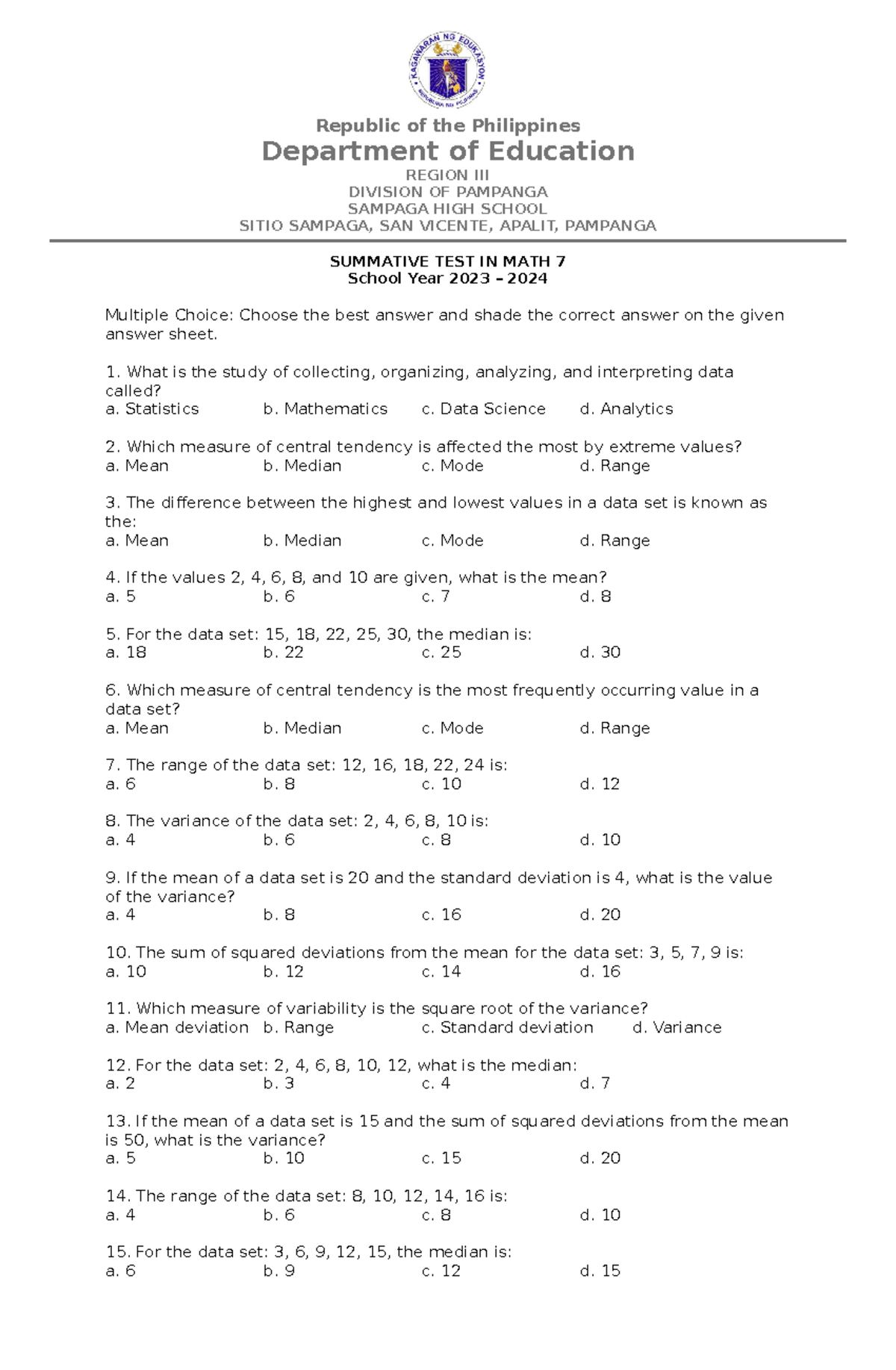 Summative TEST MATH - SABBN - Republic of the Philippines Department of ...