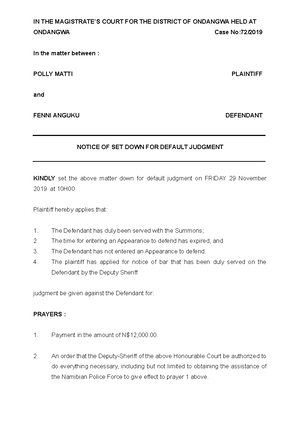 Application for default Judgment - Ian Sam N - 01 11 2021 - Law of ...