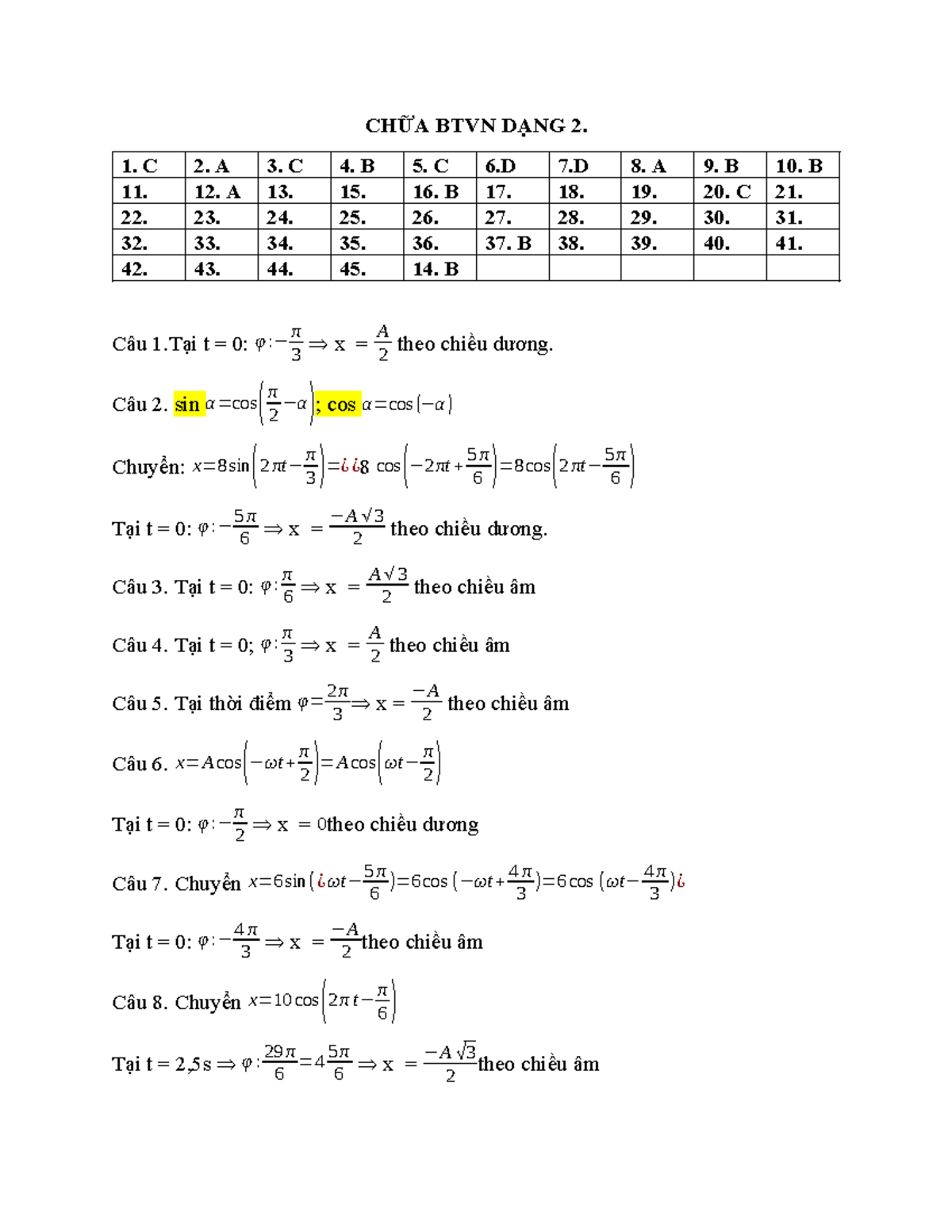 CHỮA BTVN DẠNG 2 - Vật Lý 12 - CHỮA BTVN DẠNG 2. 1. C 2. A 3. C 4. B 5 ...