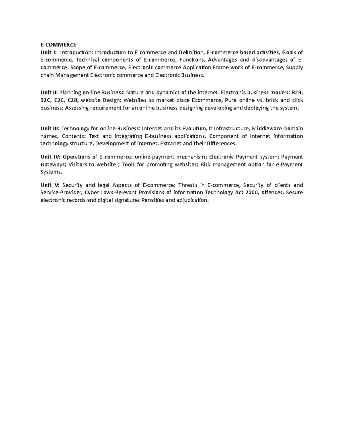 Syl - sylla - E-COMMERCE Unit I: Introduction: Introduction to E ...