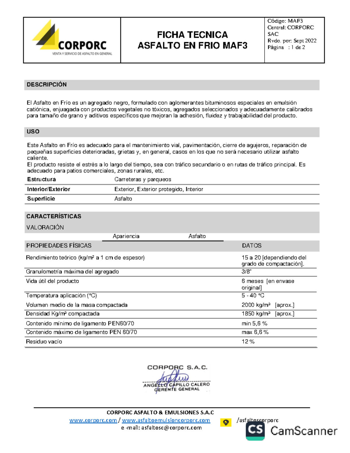 Ficha Tecnica DE Asfalto EN FRIO Corporc MAF3(14) - FICHA TECNICA ASFALTO EN FRIO MAF Código ...