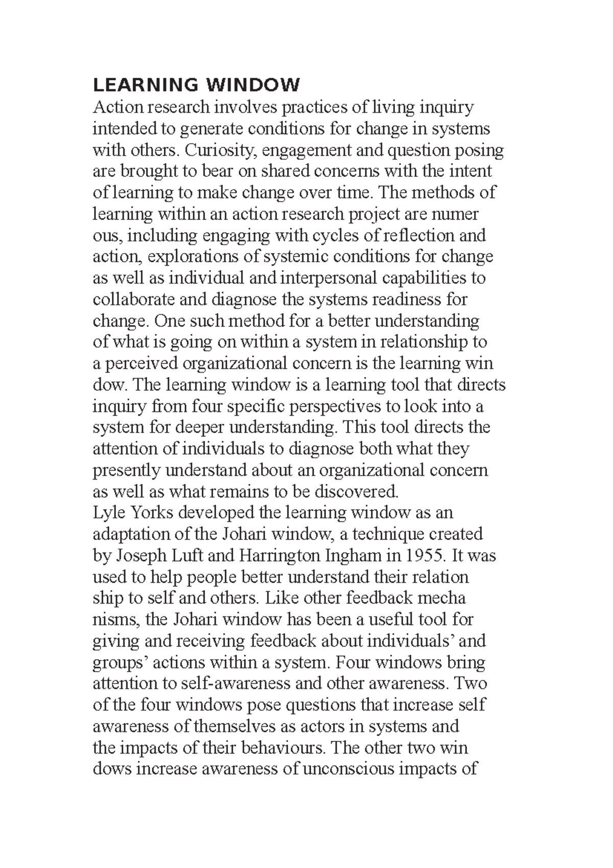 Learning Window - LEARNING WINDOW Action research involves practices of ...