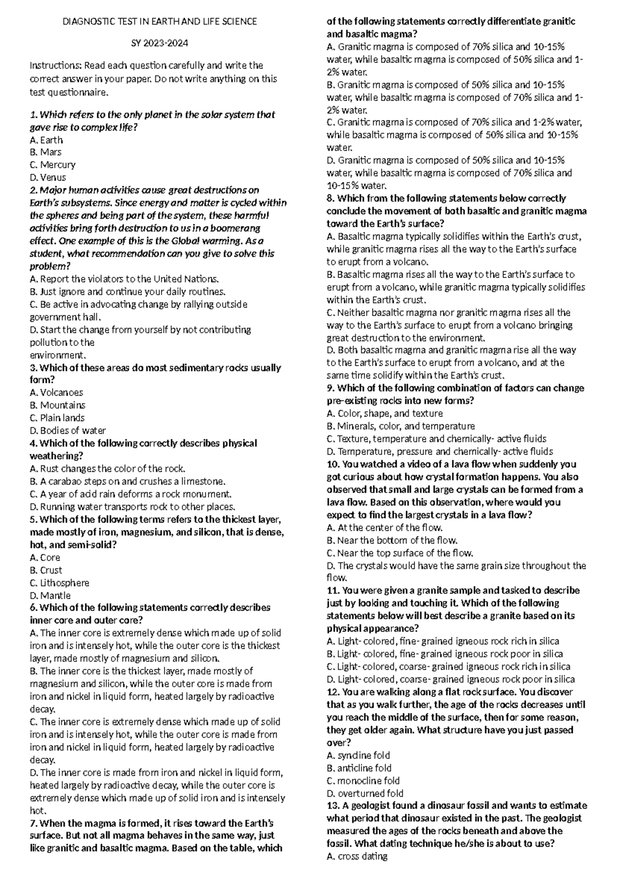 Diagnostic TEST IN Earth AND LIFE Science - DIAGNOSTIC TEST IN EARTH ...