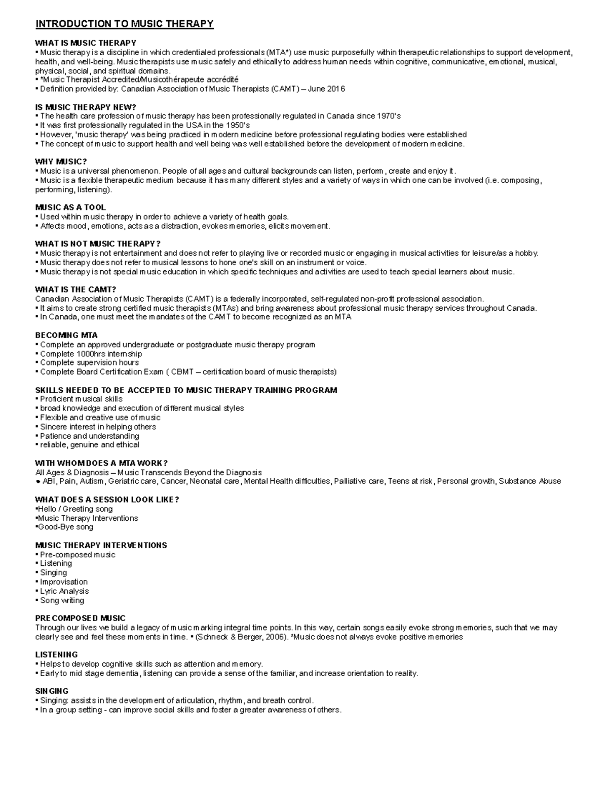 lecture notes 1-5 - INTRODUCTION TO MUSIC THERAPY WHAT IS MUSIC THERAPY ...