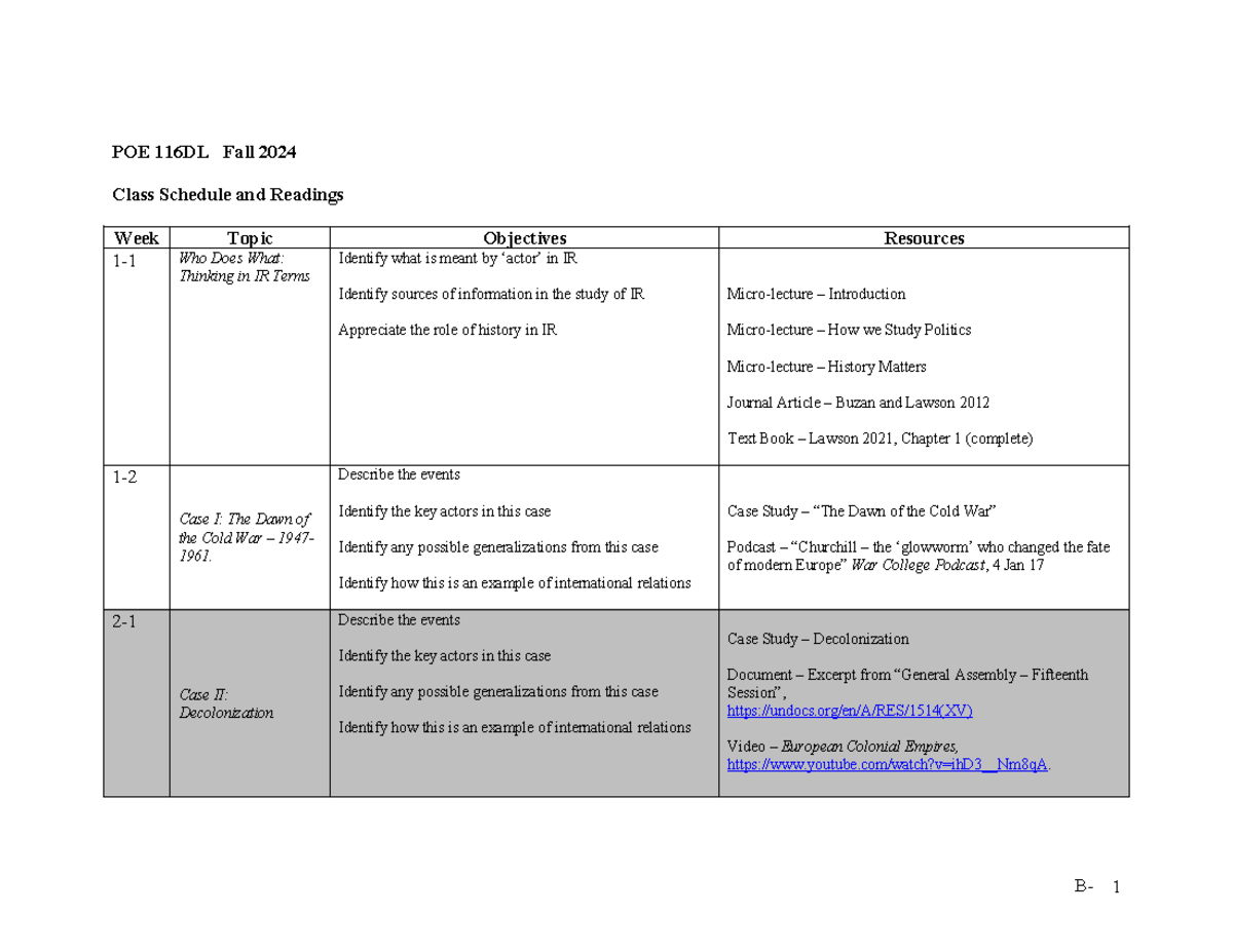 POE 116 Fall 2024 Class Schedule and Readings - POE 116DL Fall 2024 Class Schedule and Readings ...