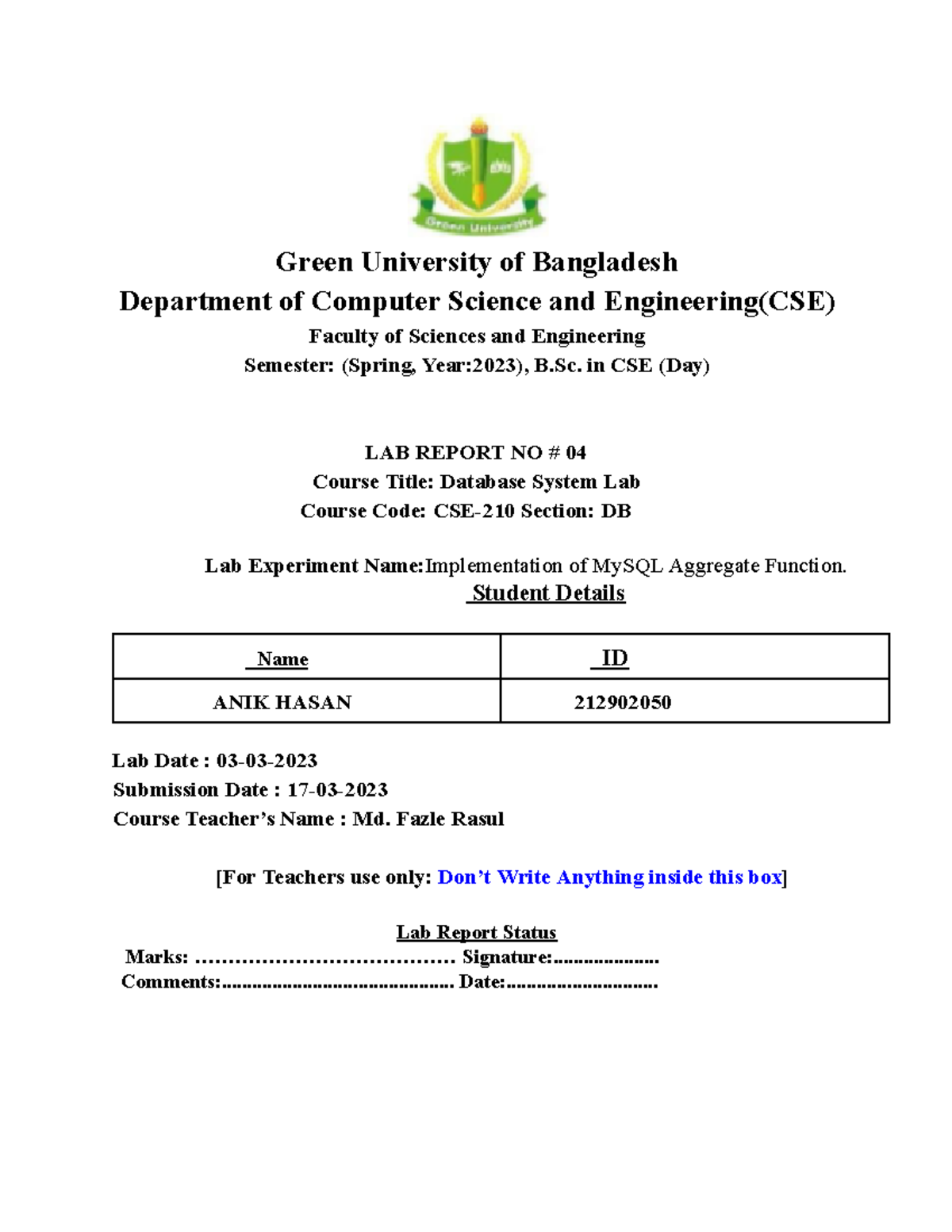 Database ANIK lab -4-1 - Green University of Bangladesh Department of ...