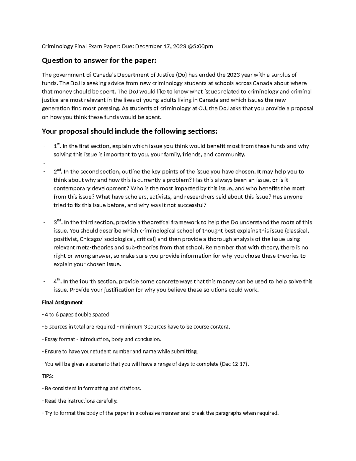 Criminology Final Exam Paper requirements - Criminology Final Exam ...