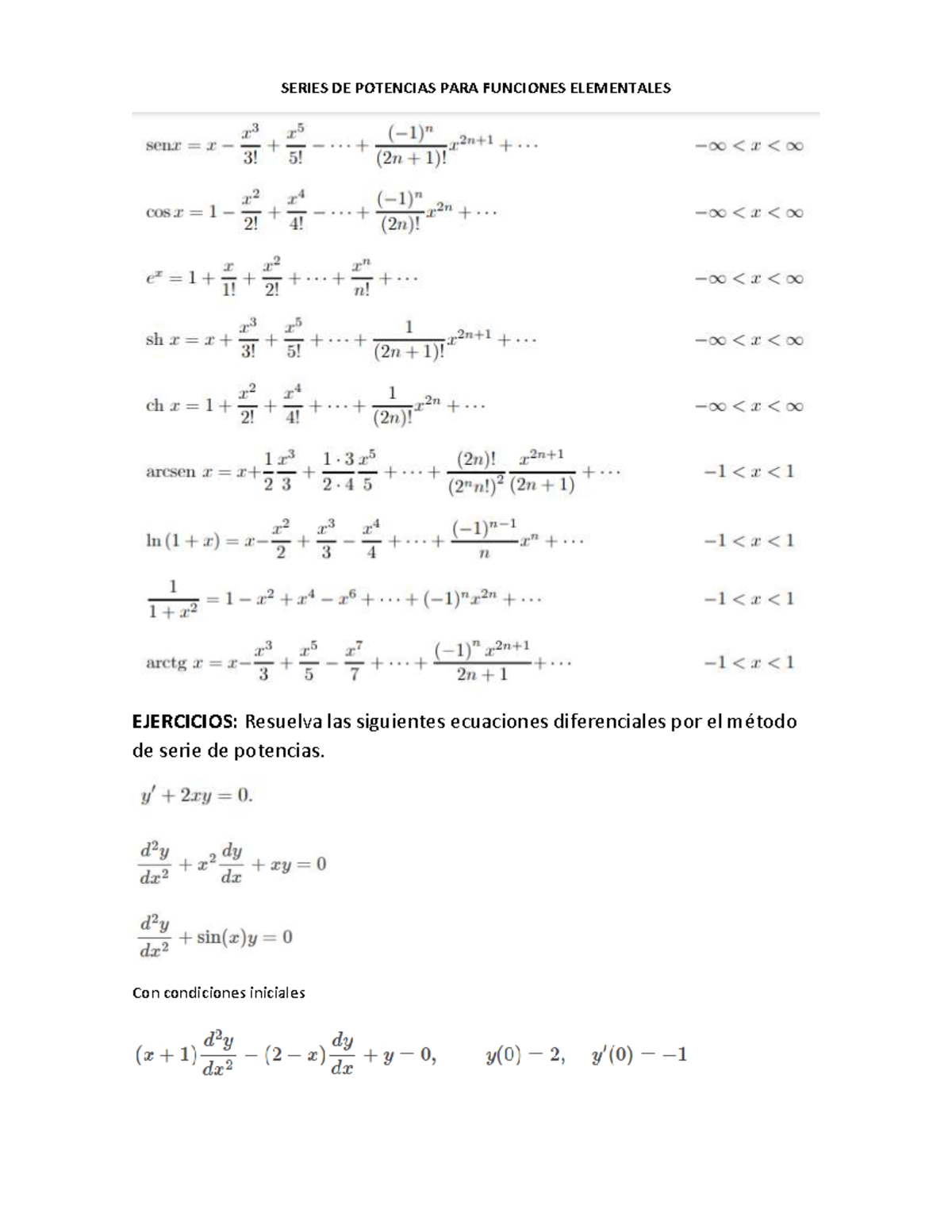 Series DE Potencias PARA Funciones Elementales - Ecuaciones Diferenciales - SERIES DE POTENCIAS ...