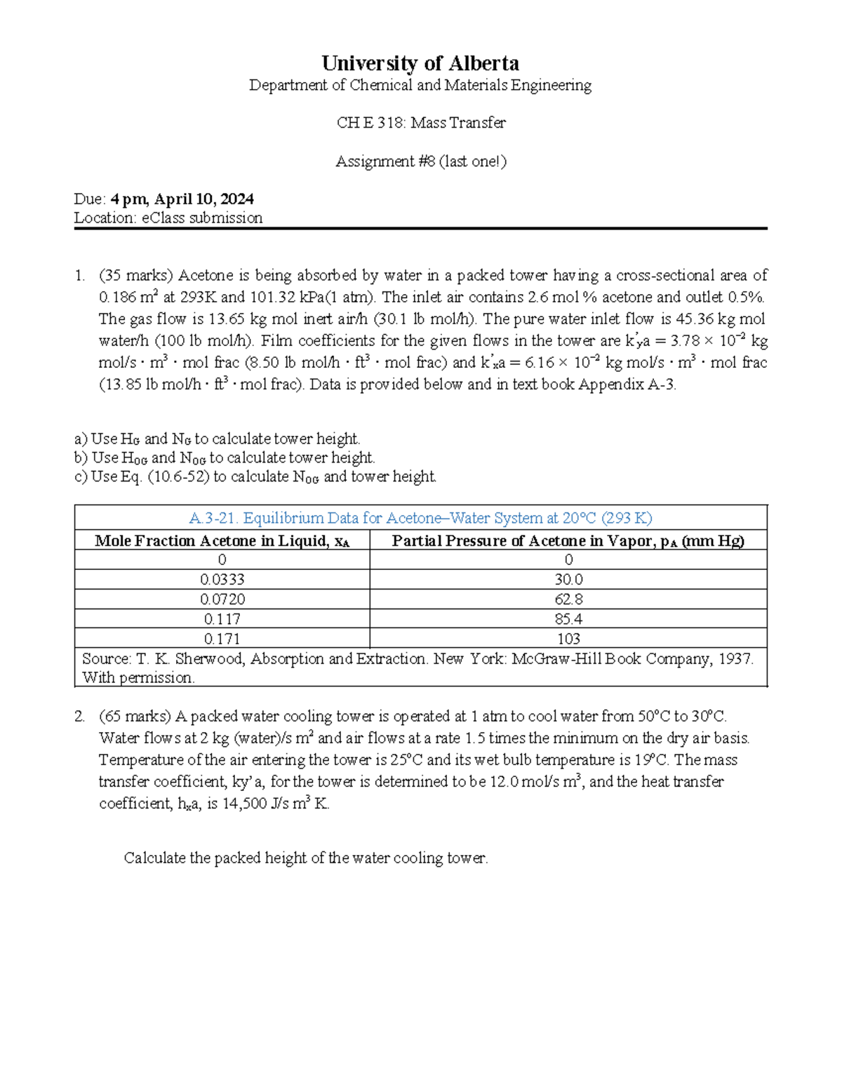 Assignment 8 - University of Alberta Department of Chemical and Materials Engineering CH E 318 ...