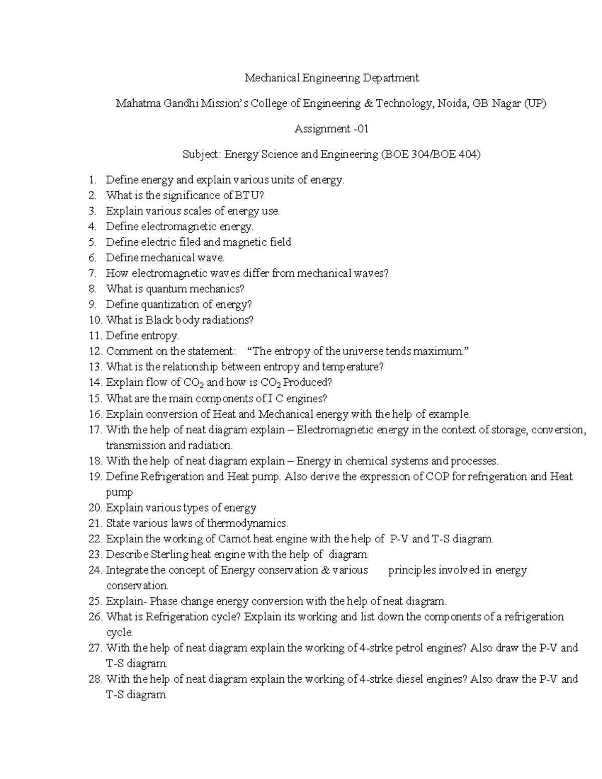 Assignment 01 Energy Science BOE 404 - Mechanical Engineering ...