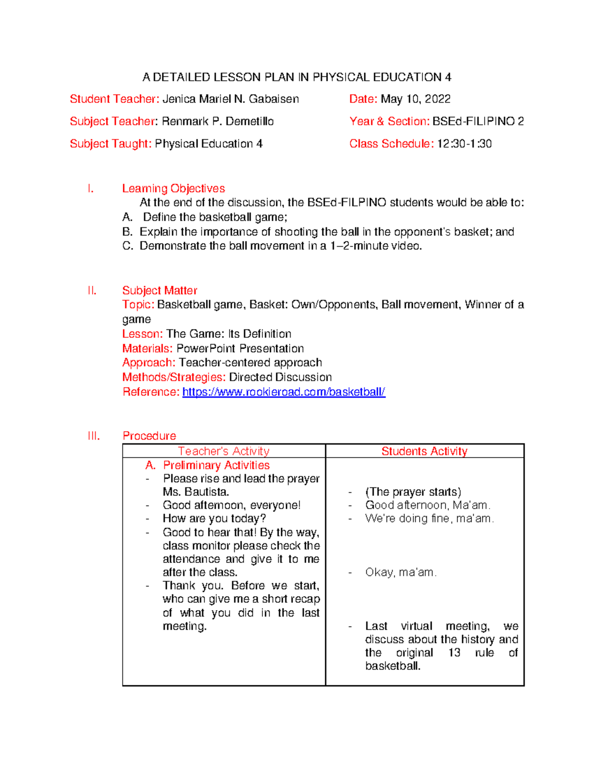 BASKETBALL: The Game Its Definition Lesson Plan - A DETAILED LESSON ...