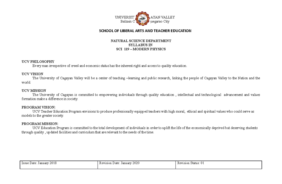 Sci 119 Modern Physics Syllabus Ok Balzain Campus Tuguegarao City