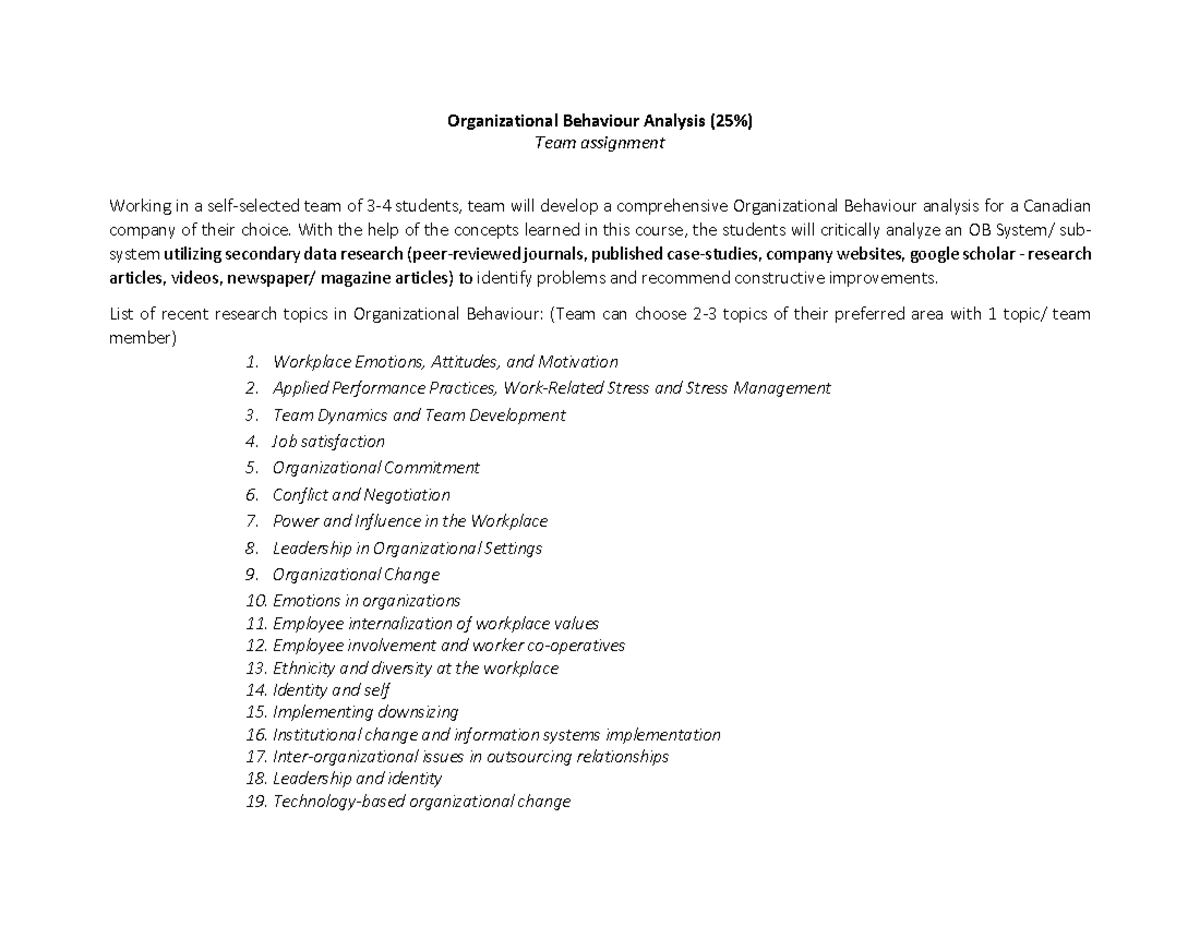 OB - OBHR - Organizational Behaviour Analysis ( 25 %) Team assignment ...