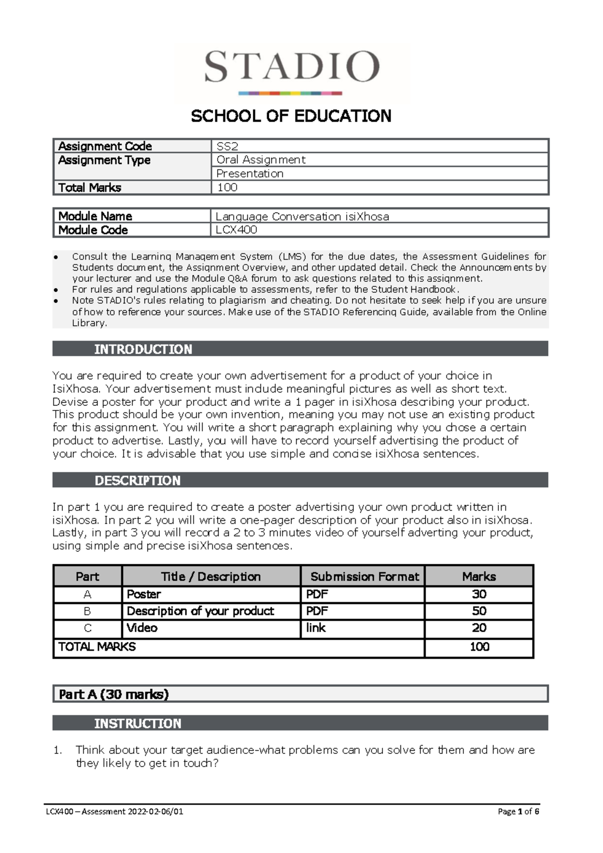 Stadio Assignment Template LCX400-SS2 - SCHOOL OF EDUCATION Assignment ...