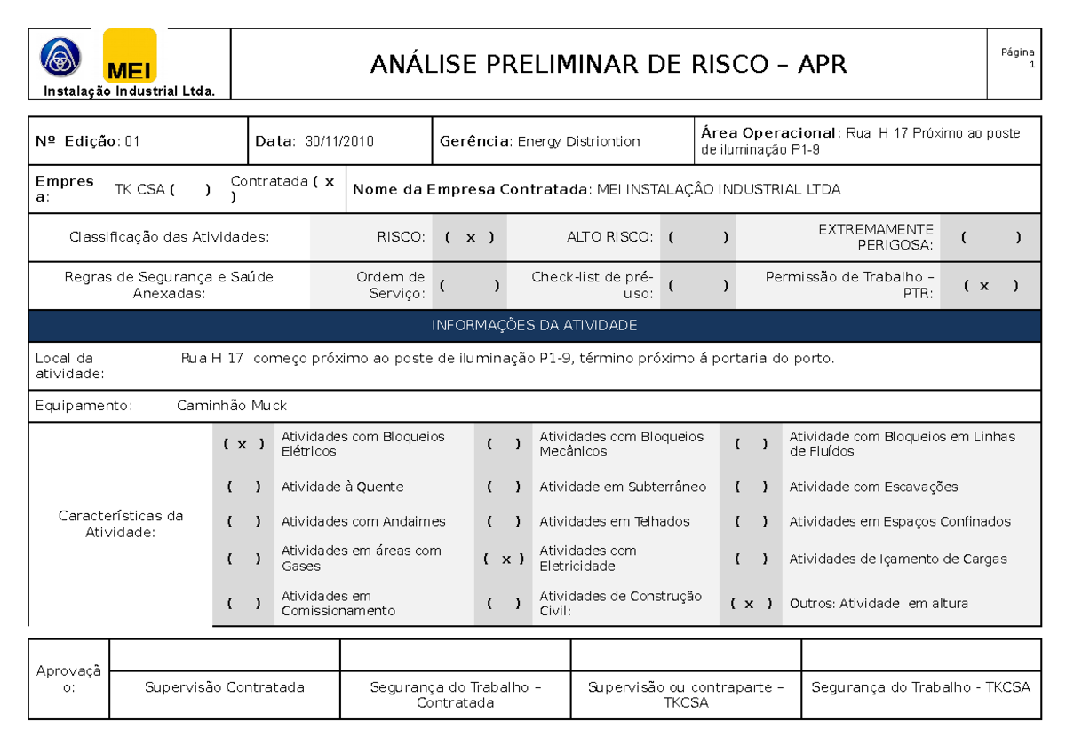 Formulário 002 Formulário de APR - Instalação Industrial Ltda. ANÁLISE ...