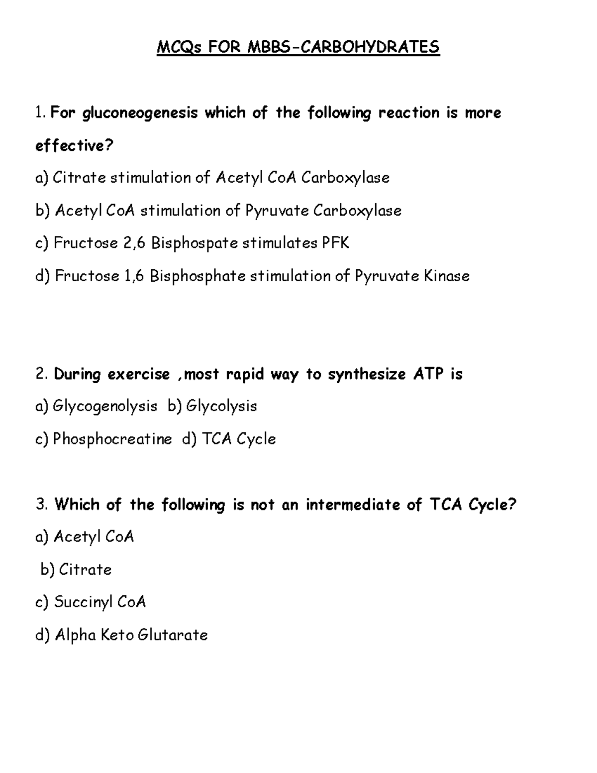 MCQ Carbohydrate - MCQs FOR MBBS-CARBOHYDRATES For gluconeogenesis ...